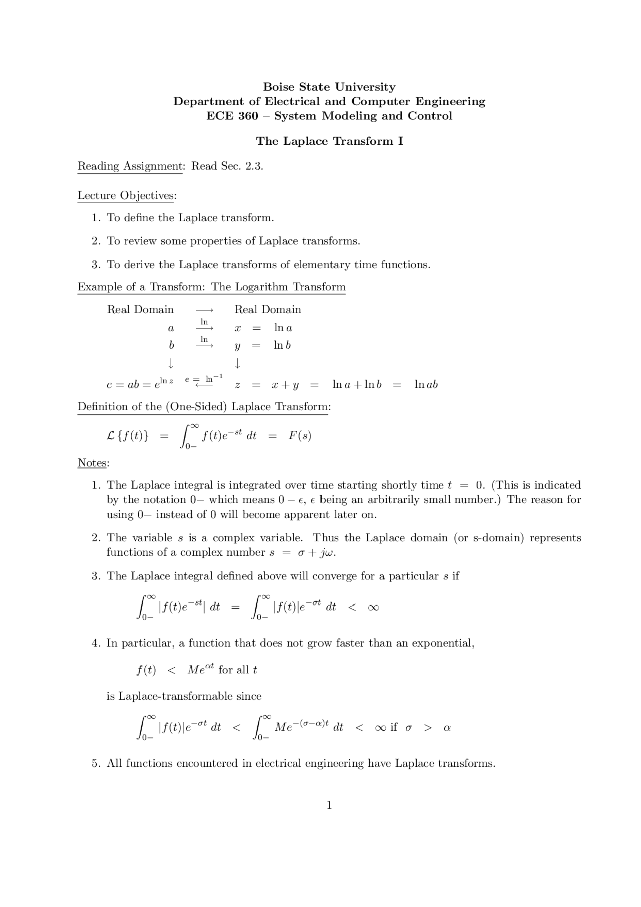 The Laplace Transform I System Modeling And Control Ece 360 Docsity