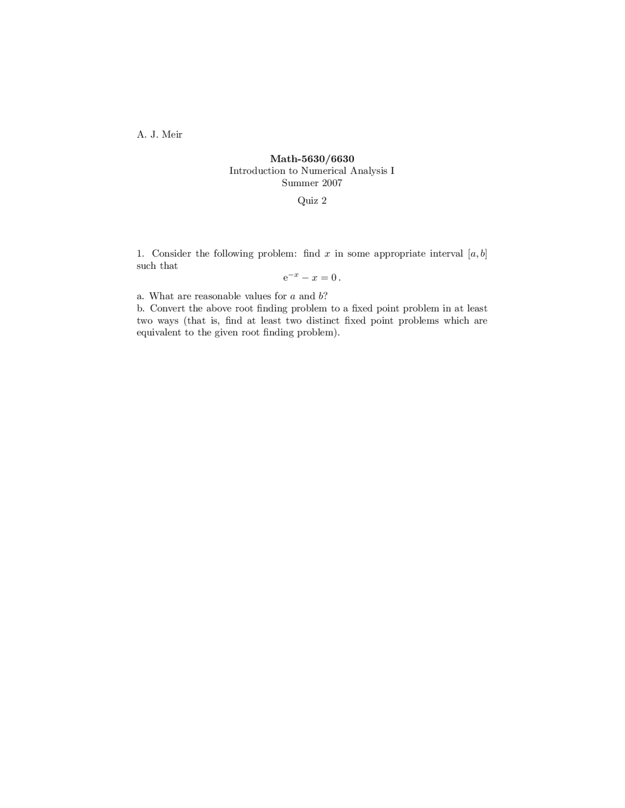 Introduction To Numerical Analysis I Quiz 2 Math 5630 Docsity