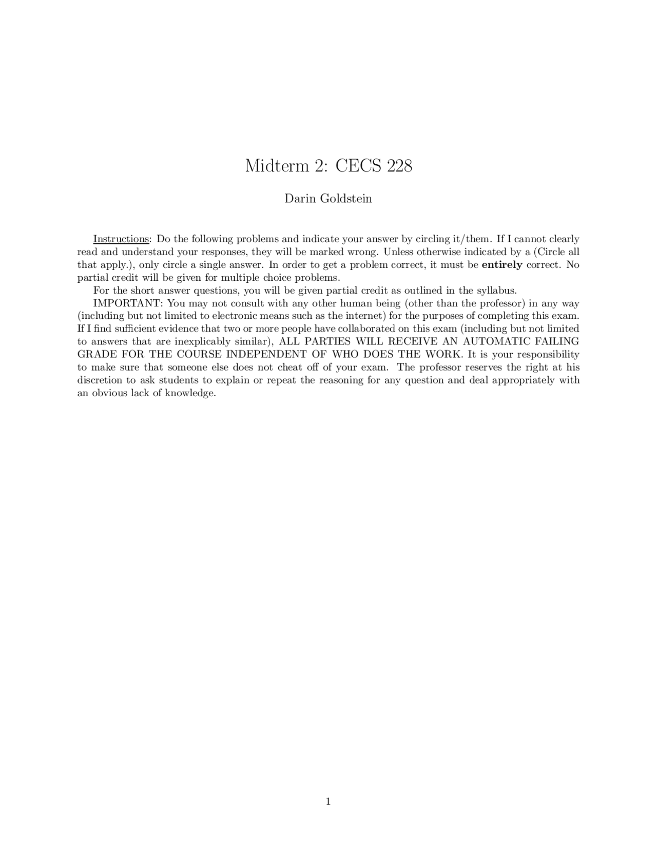 Problems on the Pseudorandom Sequence - Midterm Exam | CECS 228 - Docsity