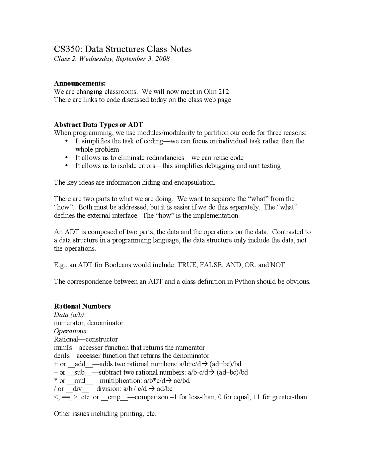 Abstract Data Types, Rational Numbers, Complex Numbers - Notes | COSC ...