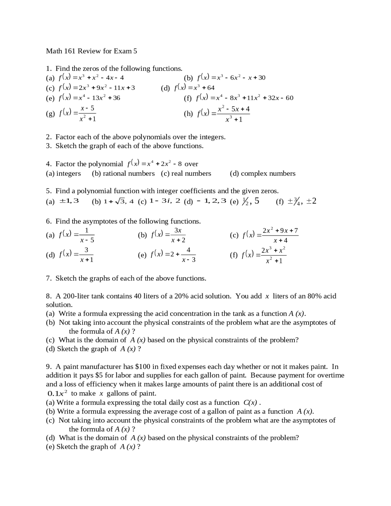 Math 161 Review for Exam 5: Functions, Polynomials, and Cost Analysis ...
