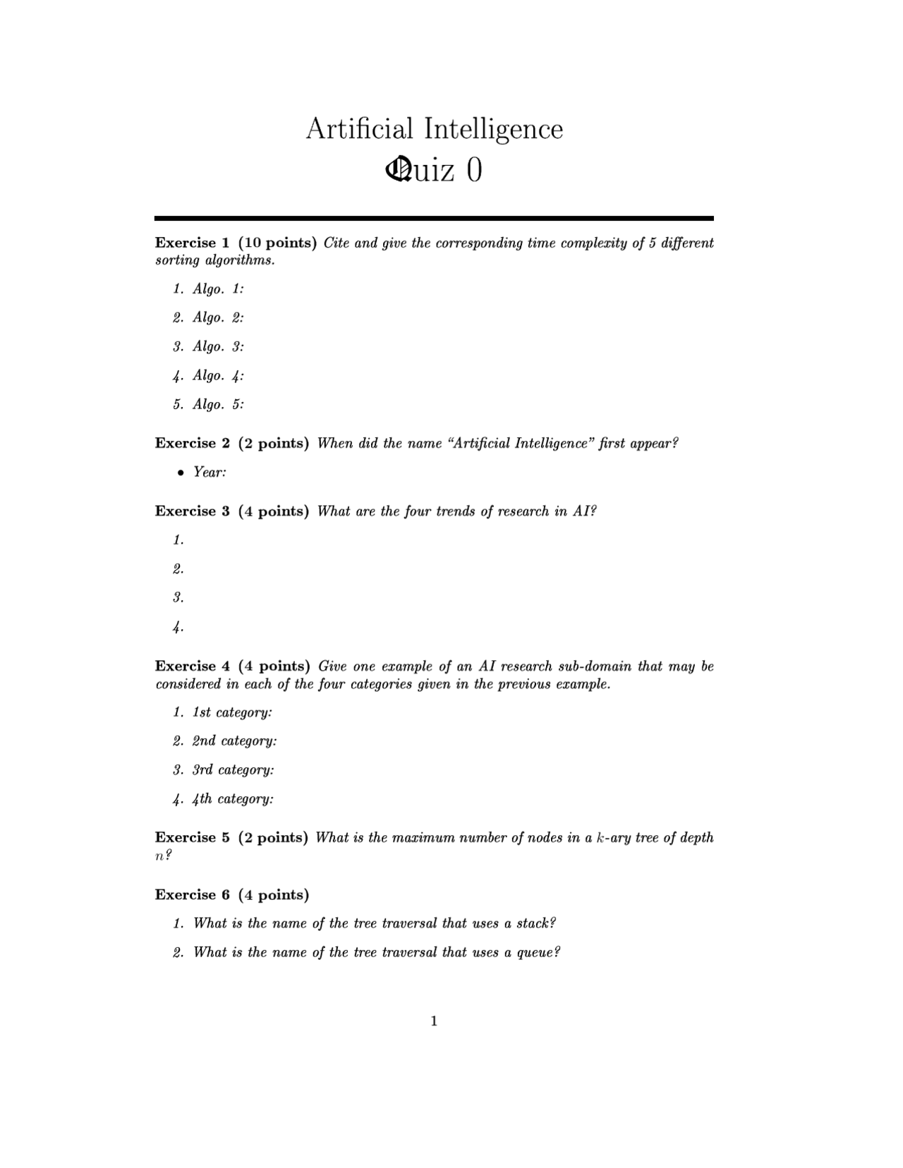Quiz With 6 Exercises Artificial Intelligence I Cs 5314 Docsity