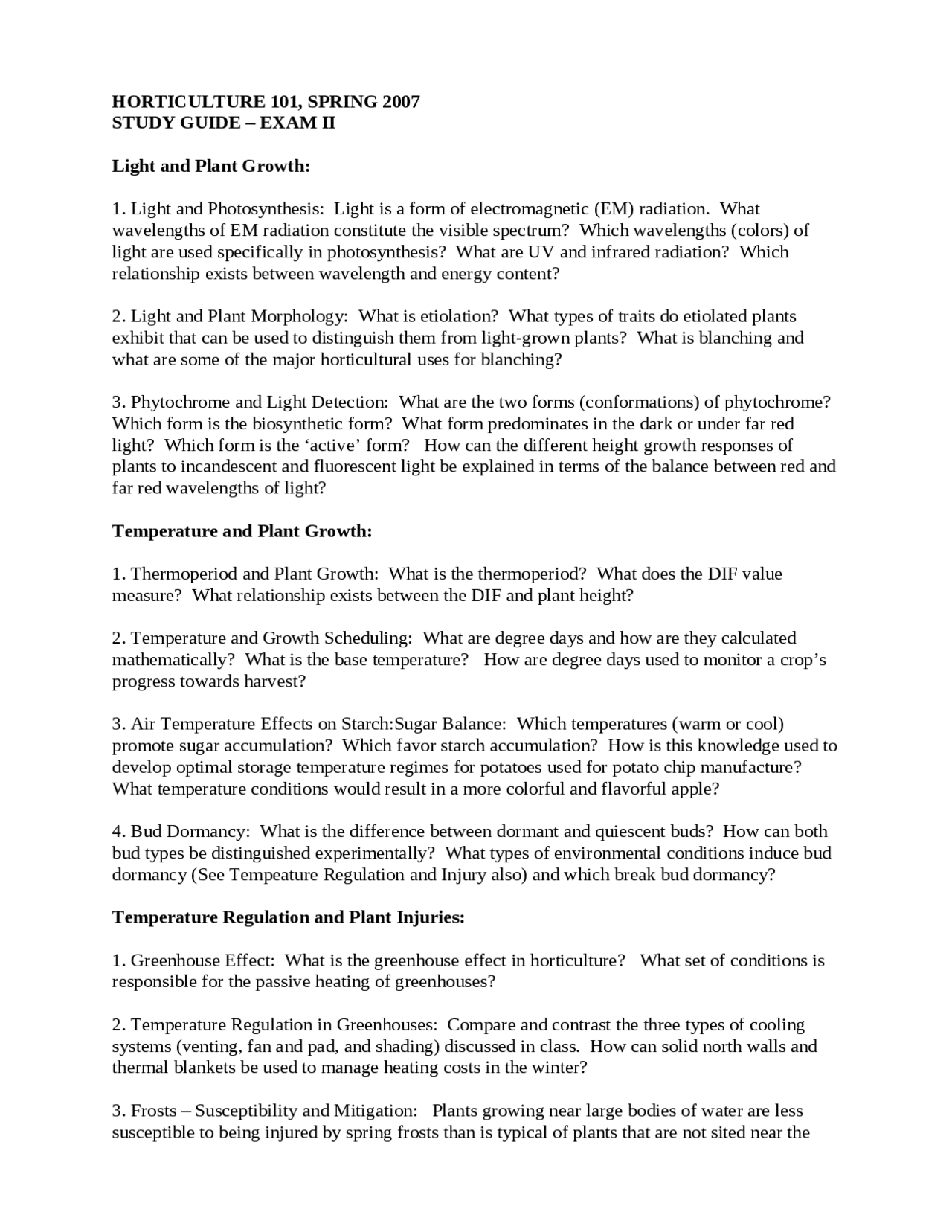 Horticulture 101 Spring 2007 Study Guide - Exam II: Light, Temperature ...