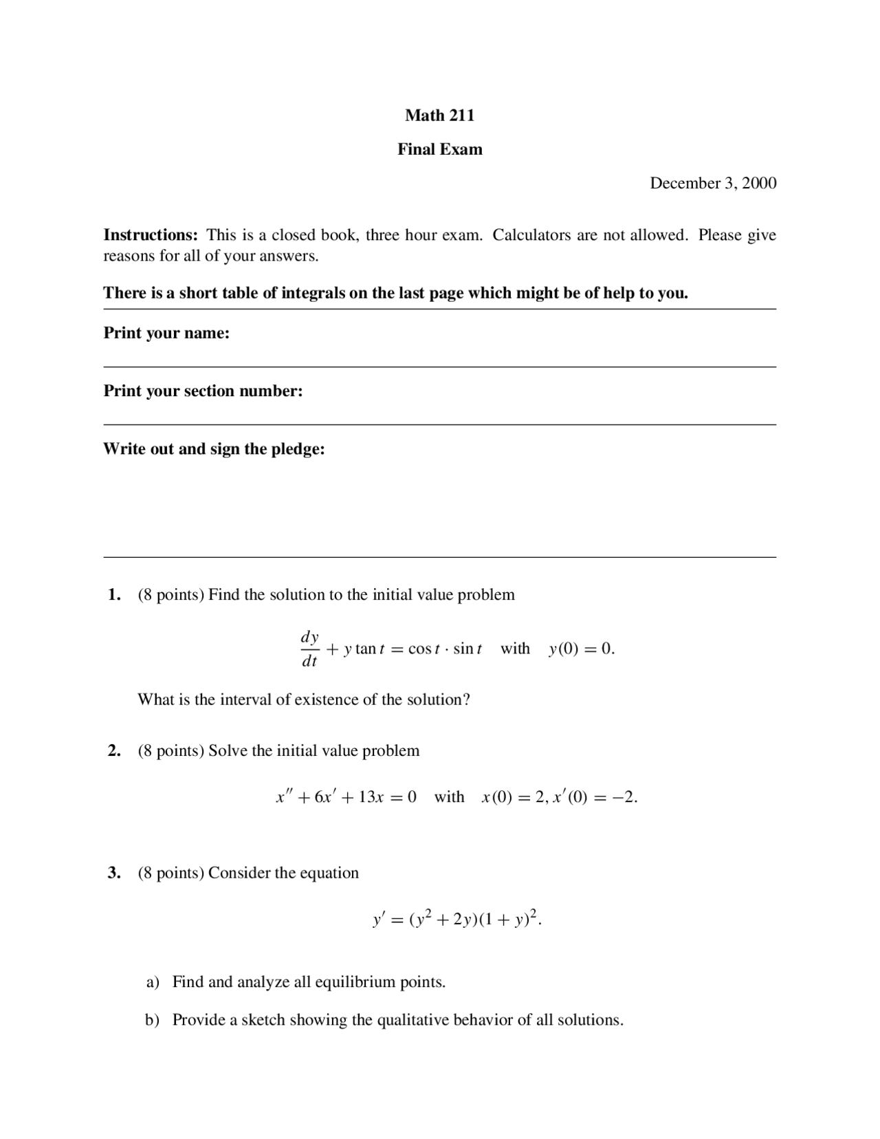 Final Exam Paper Ordinary Differential Equation Math 211 Exams