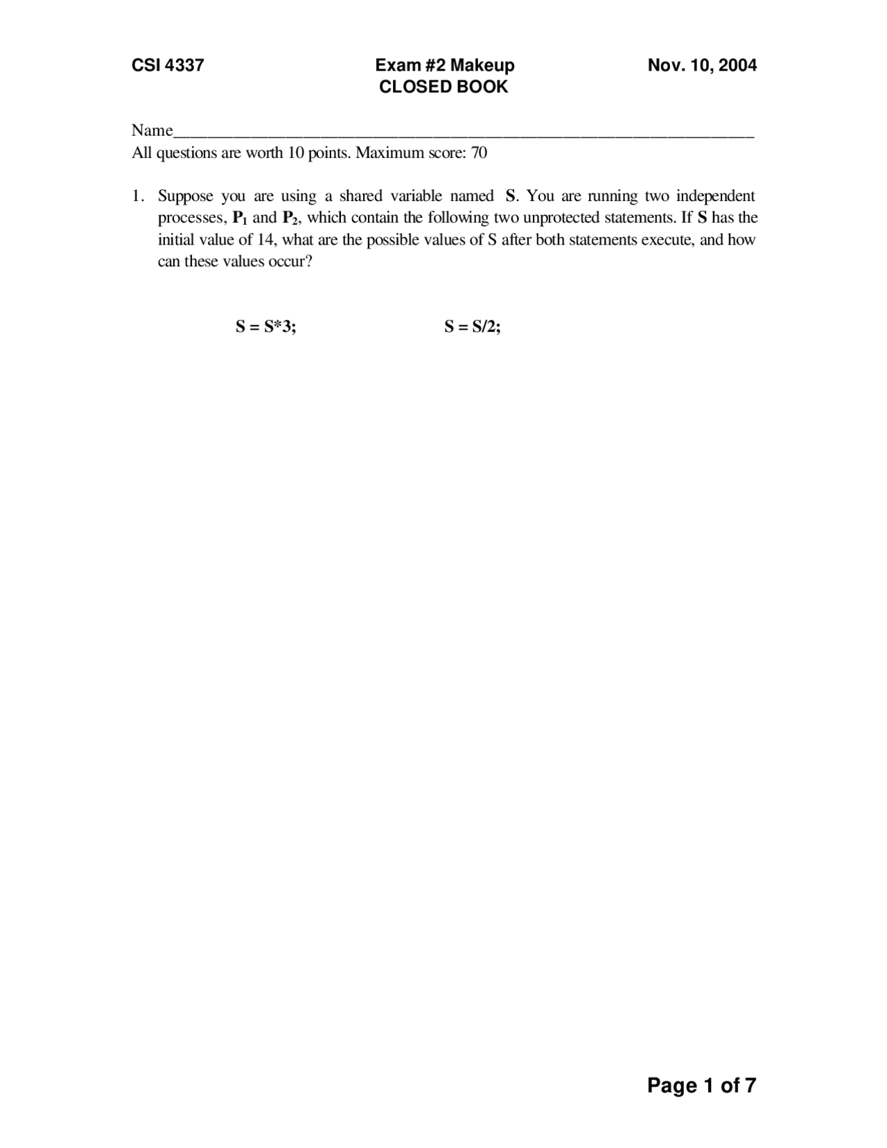 Practice Exam Introduction To Operating Systems Csi 4337 Docsity