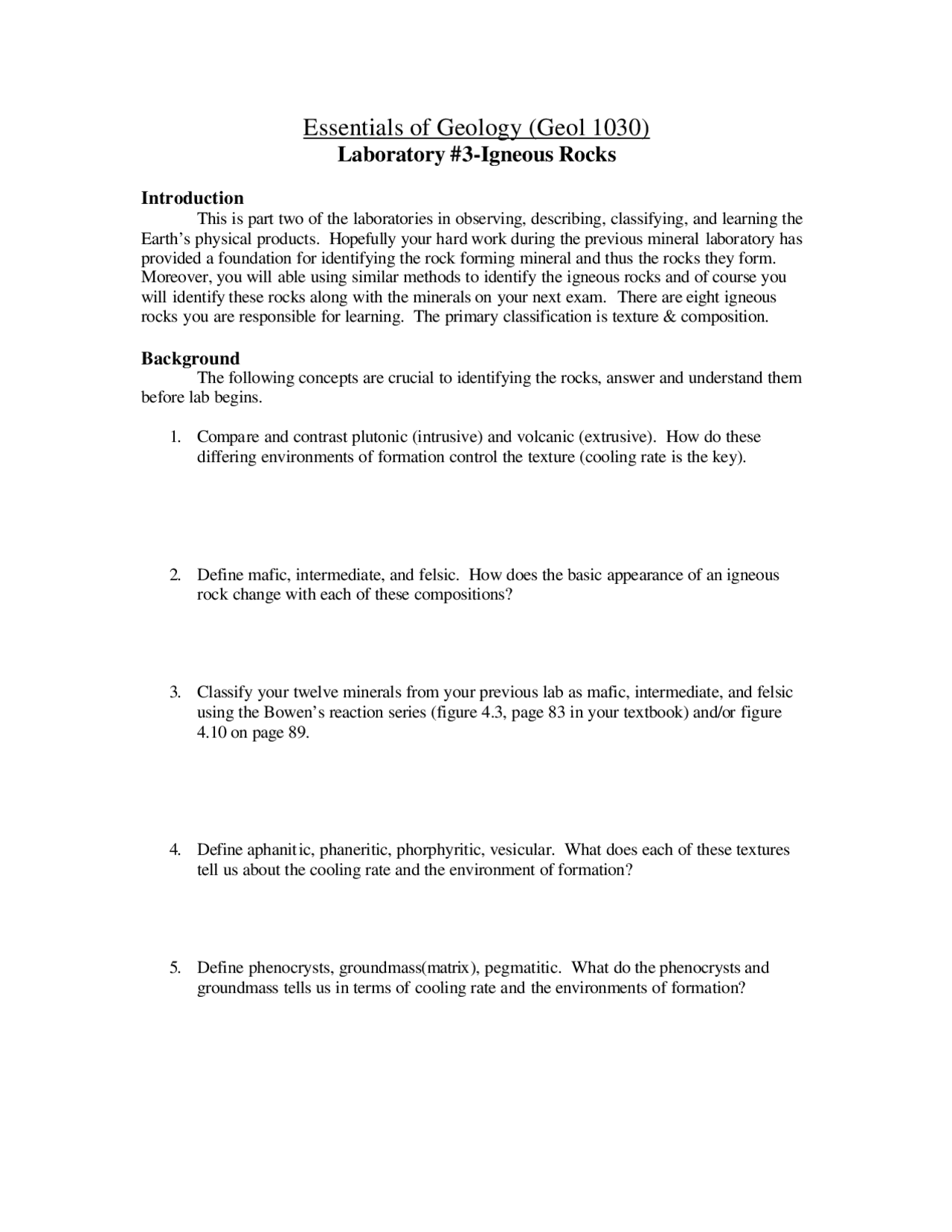Igneous Rocks Essentials Of Geology Lab 3 Geol 1030 Docsity