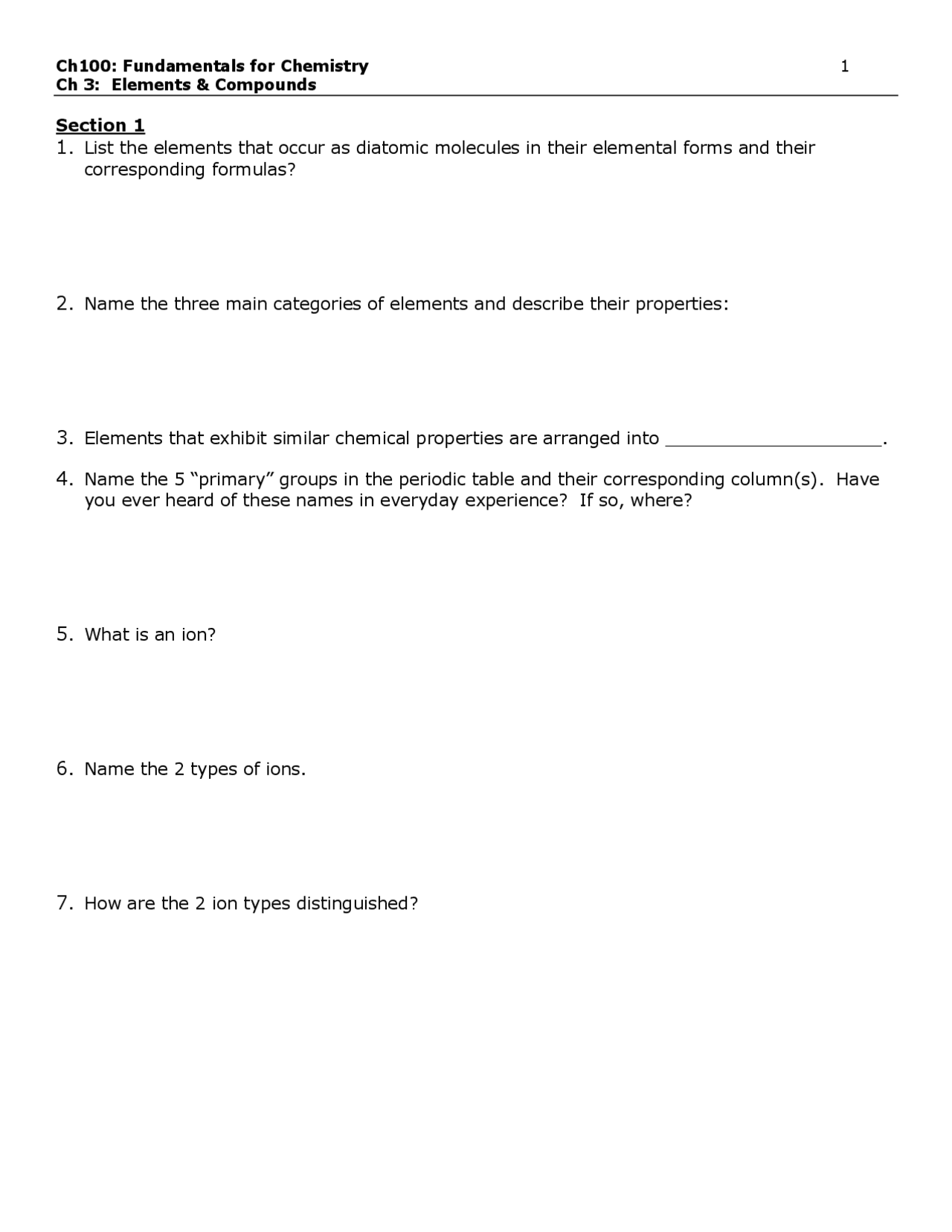 Elements And Compounds 8 Unsolved Questions Ch 100 Docsity