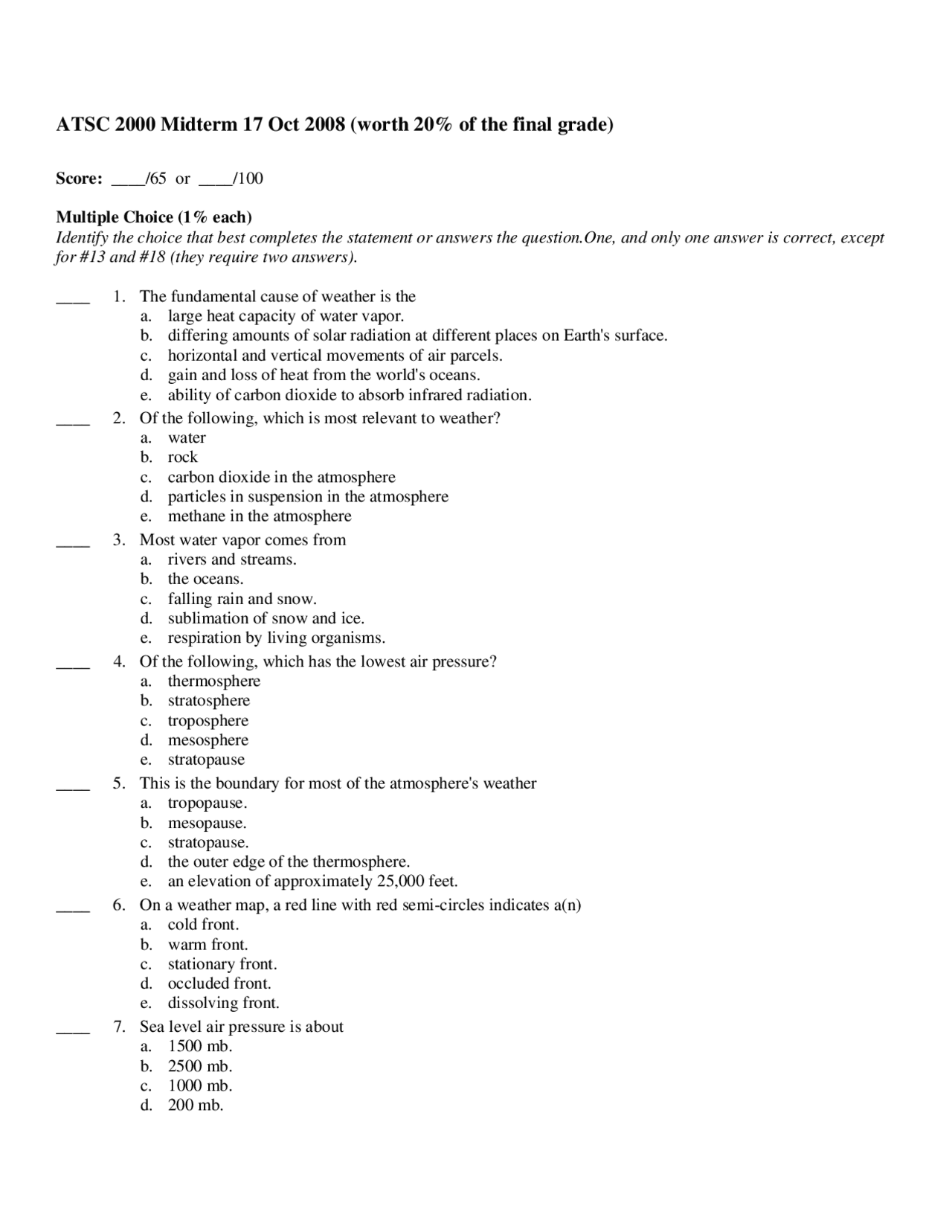 Questions With Answer Of Introduction To Mereorol Midterm Atsc 2000
