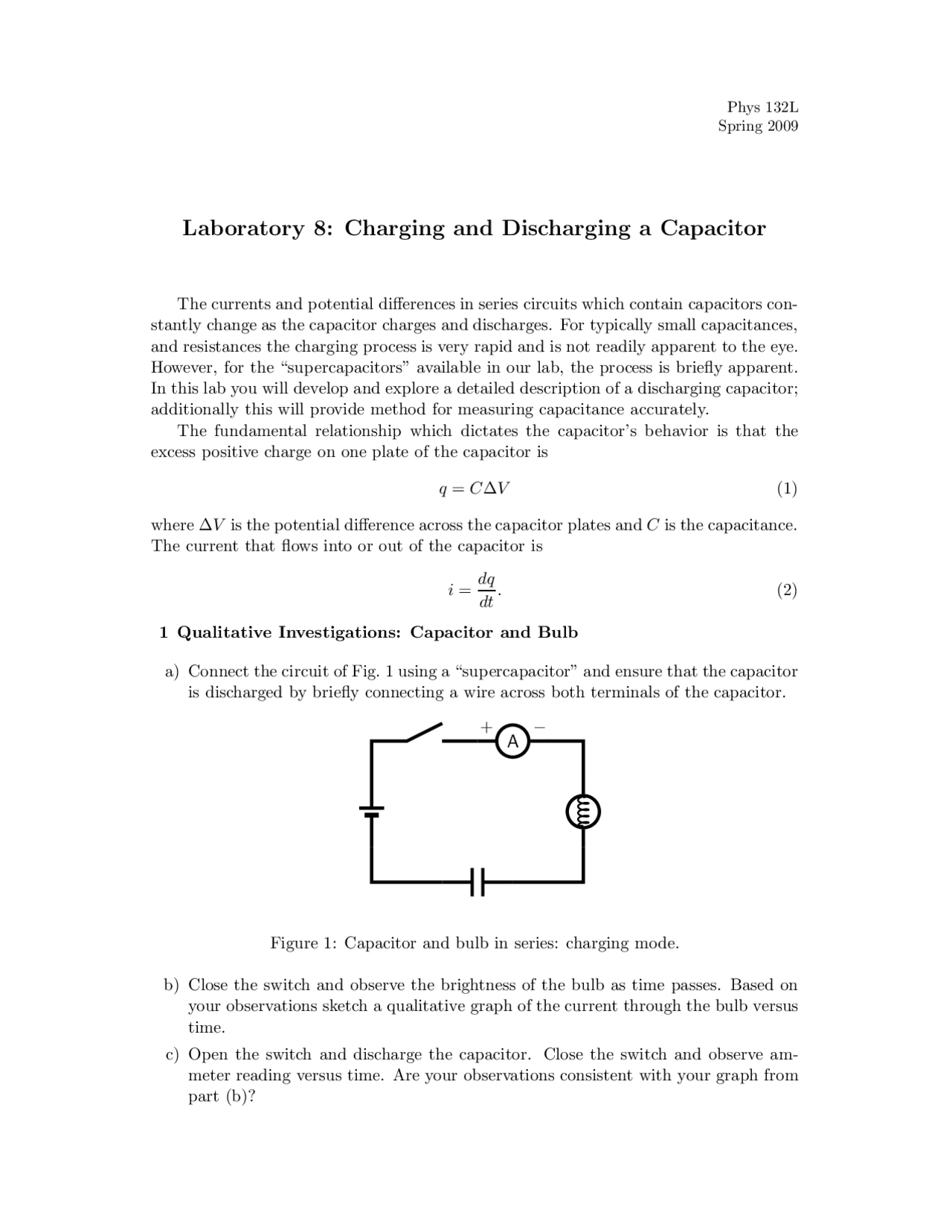 Lab 8 Charging And Discharging A Capacitor Phys 132 Docsity