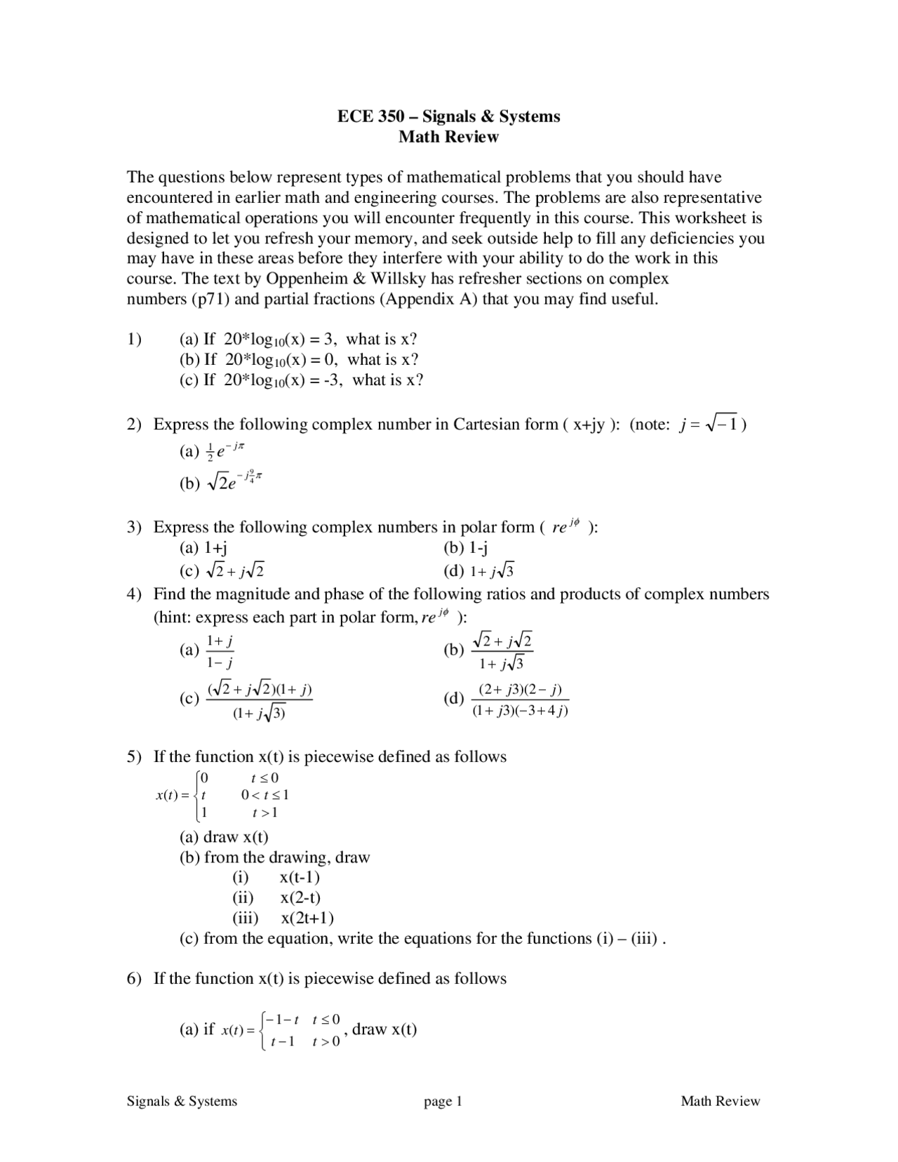 Review Sheet On Signals And Systems Ece 350 Docsity