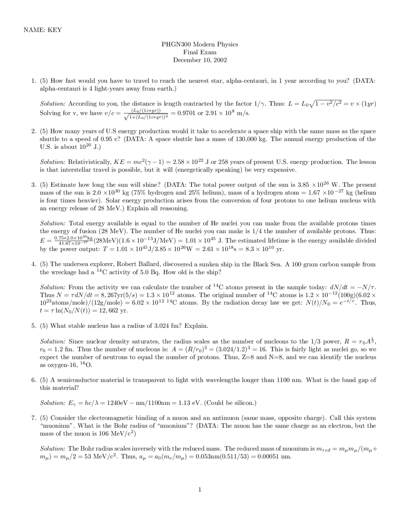 50 Solved Questions On Modern Physics Final Exam Phgn 300 Docsity