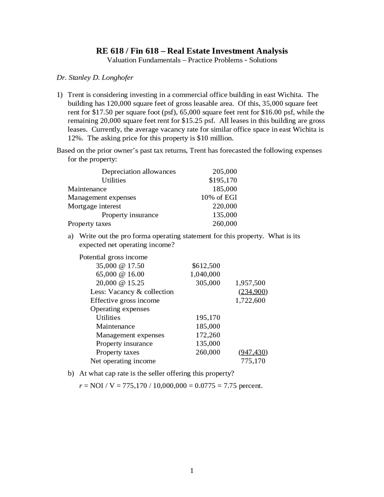 Practice Problems On Real Estate Investment Analysis Assignment Re
