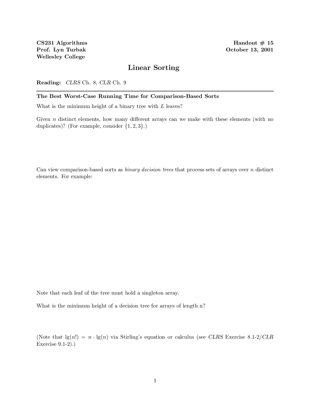 Handout 15 Linear Sorting Fundamentals Of Algorithms Cs 231 Docsity