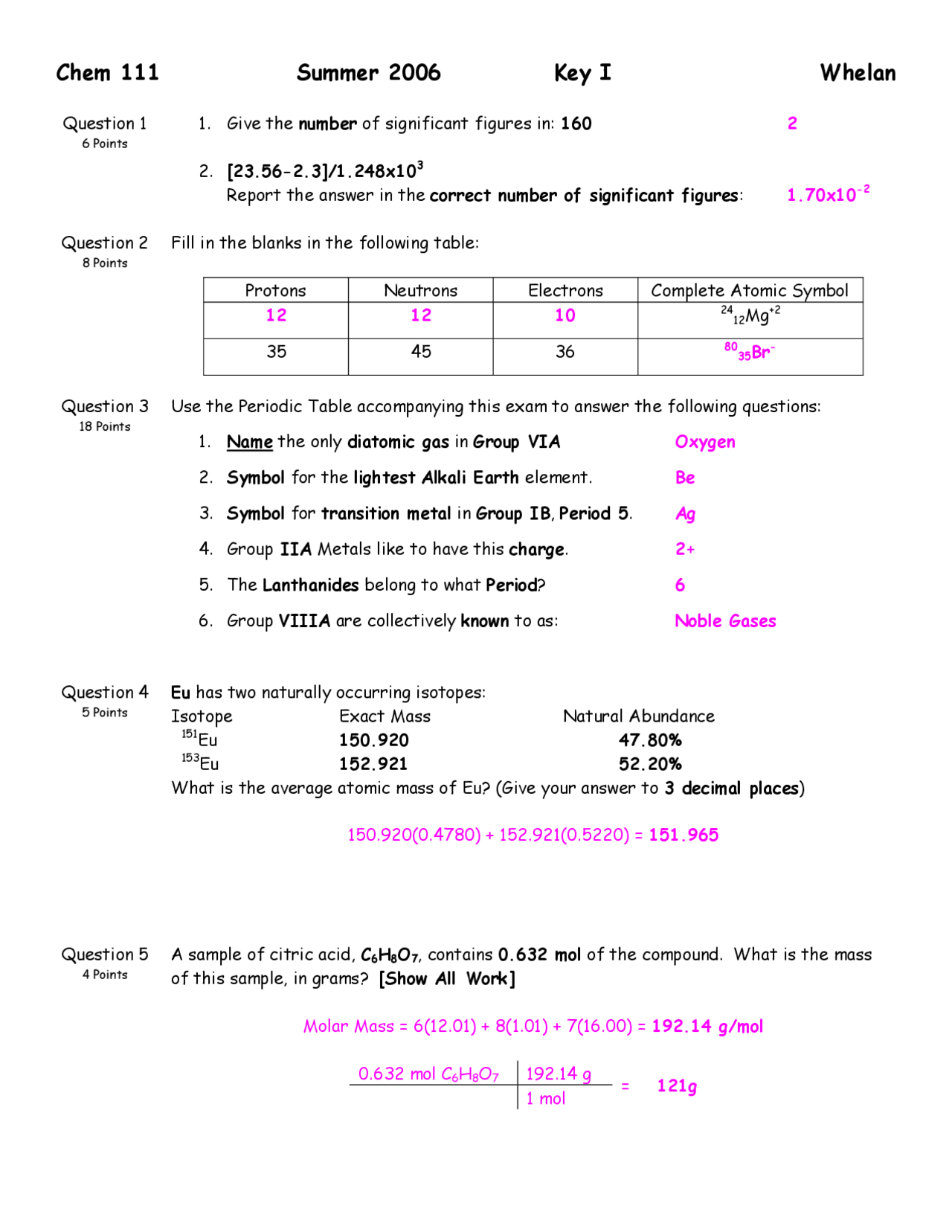 12 Questions In Exam With Solutions General Chemistry Science Chem