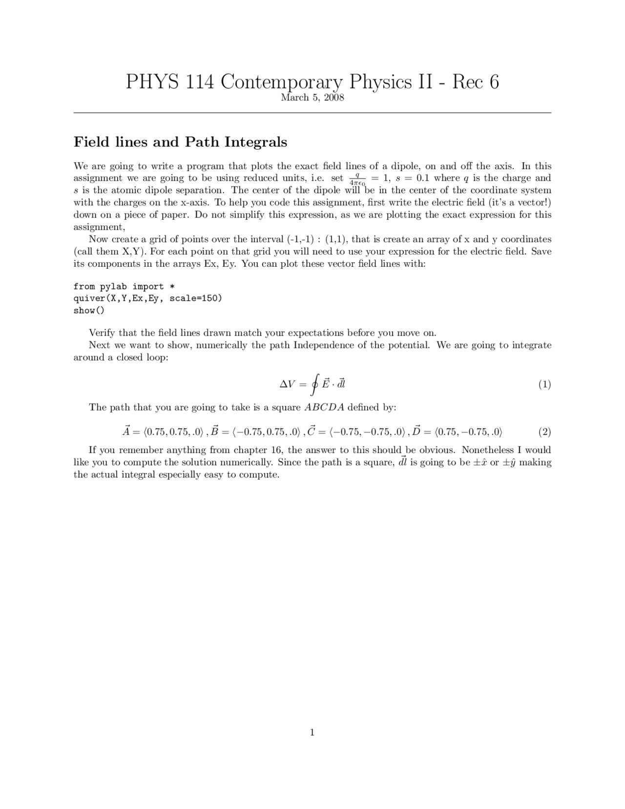 Field Lines And Path Integrals Assignment Phys 114 Docsity