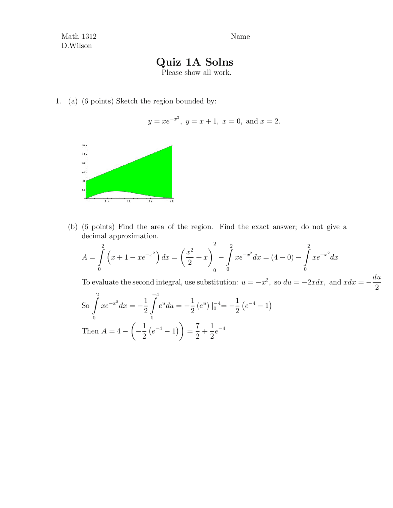 Solutions for Quiz 1 Form A - Calculus II | MATH 1312 - Docsity