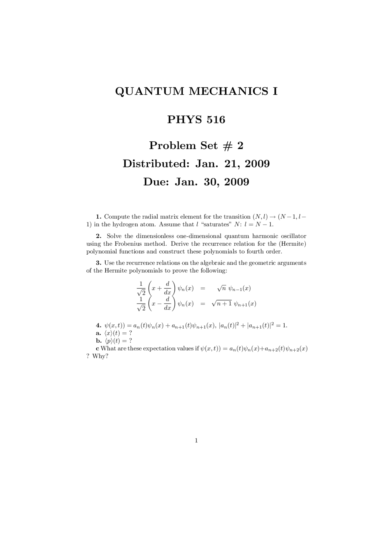 4 Problems on the Quantum Mechanics l - Problem Set 2 | PHYS 516 | Assignments Quantum Mechanics ...