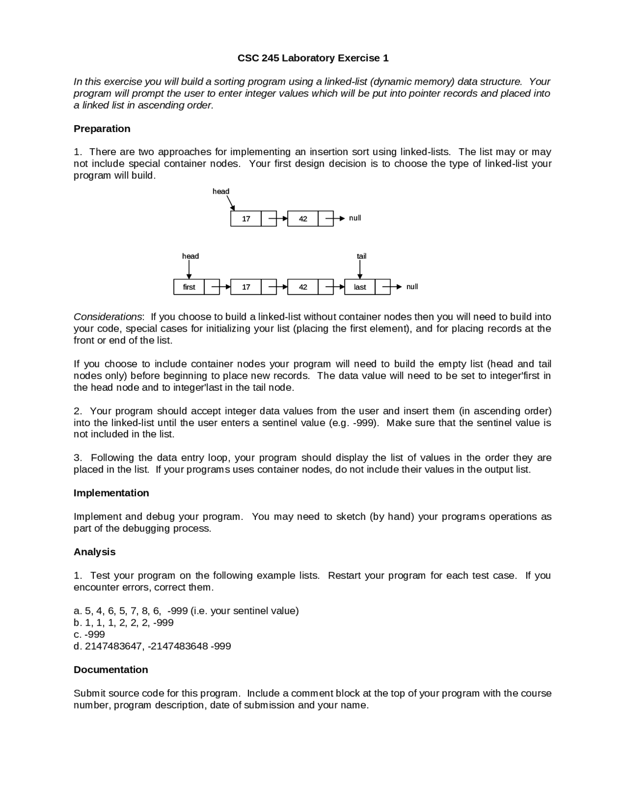Laboratory Exercise 1 On Introduction To Programming Ii Csc 245 Docsity