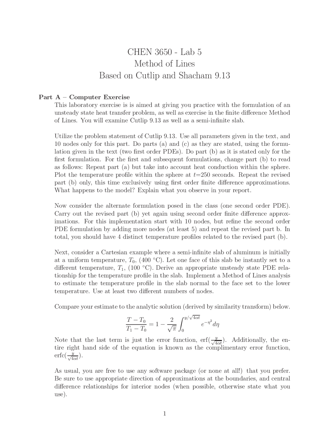 Methods Of Line Lab 5 Chemical Engineering Analysis Chen 3650