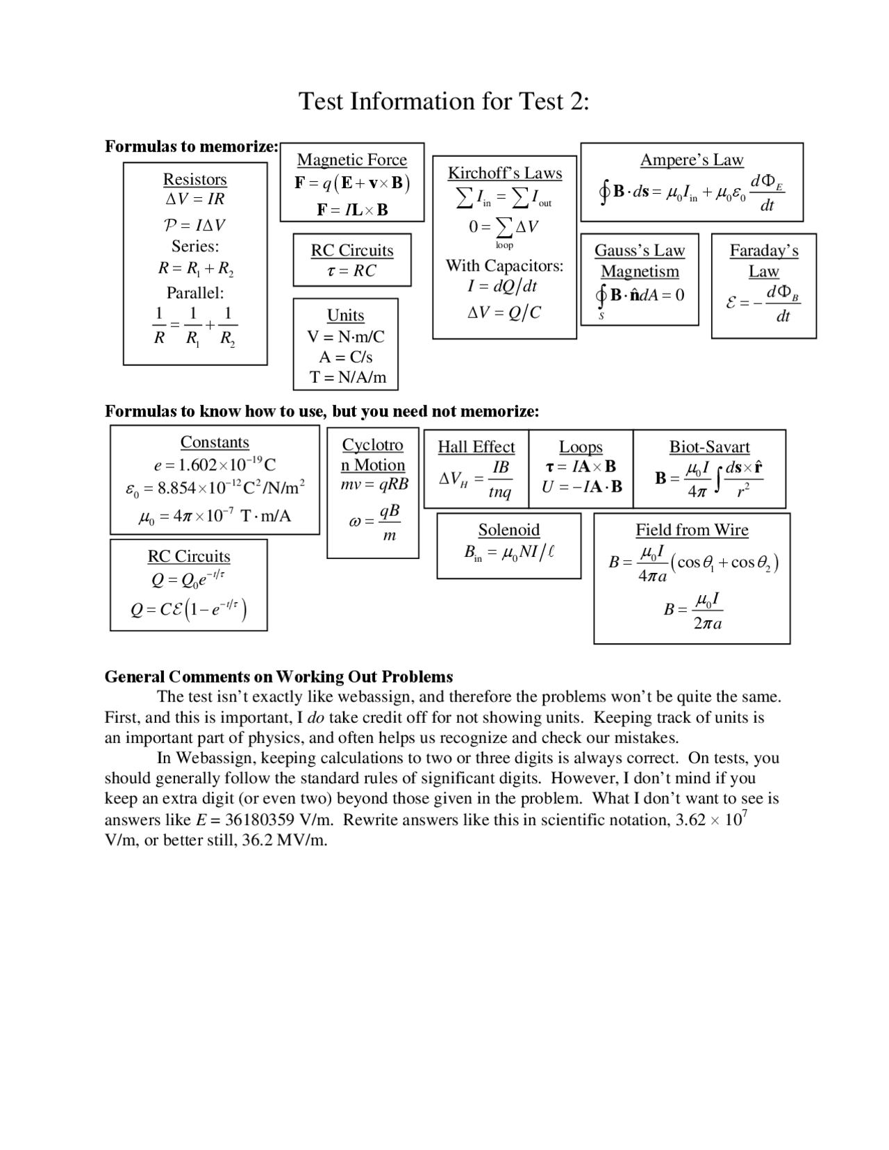 Test Information For Test 2 General Physics Ii Phy 114 Docsity