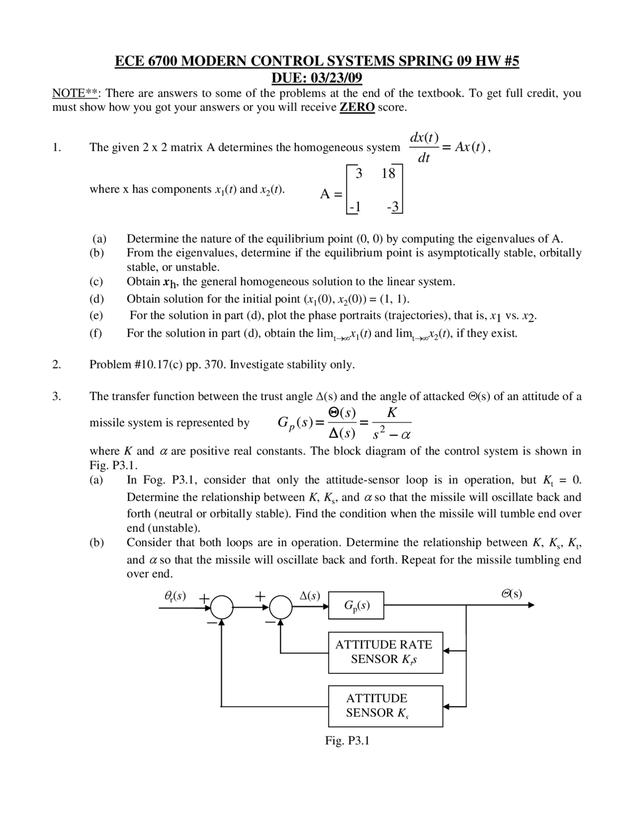Homework 5 For Modern Control System Ece 6700 Docsity