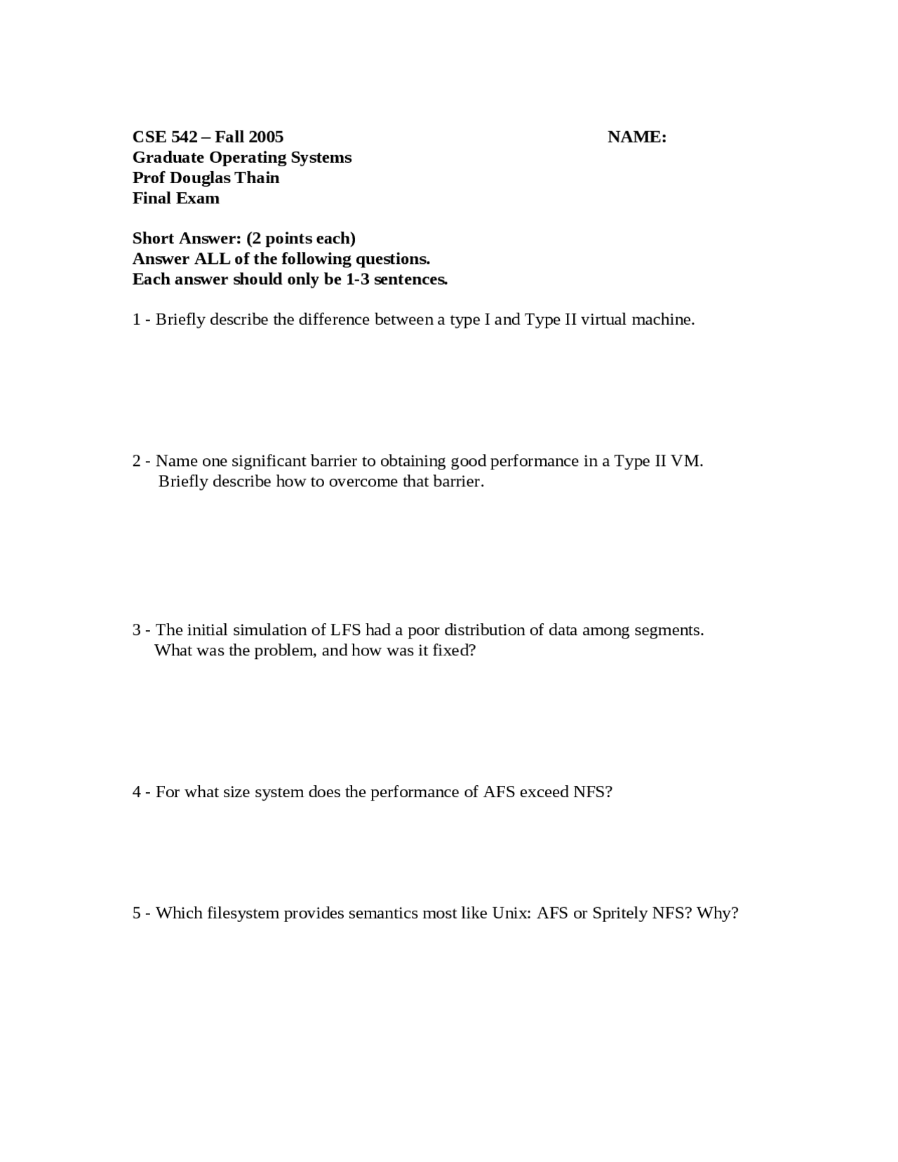 Final Exam Questions For Graduate Operating Systems Cse 60641 Exams