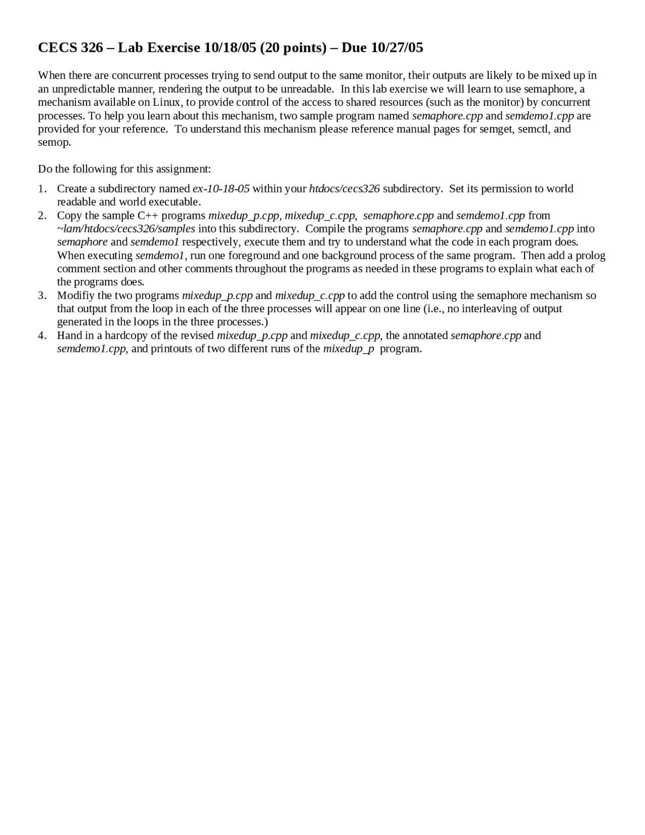 Lab Exercise Assignment On Operating Systems Cecs 326 Docsity