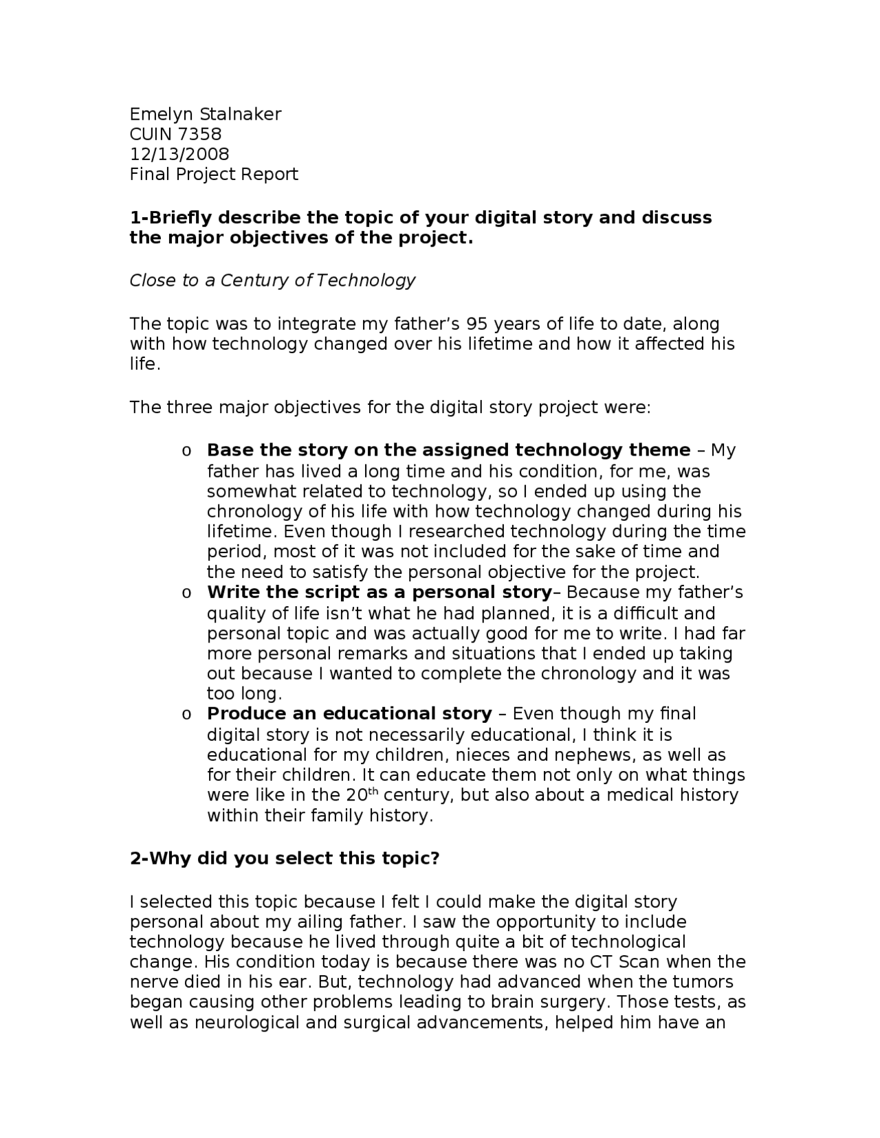 Final Project Report: Digital Story | CUIN 7358 - Docsity