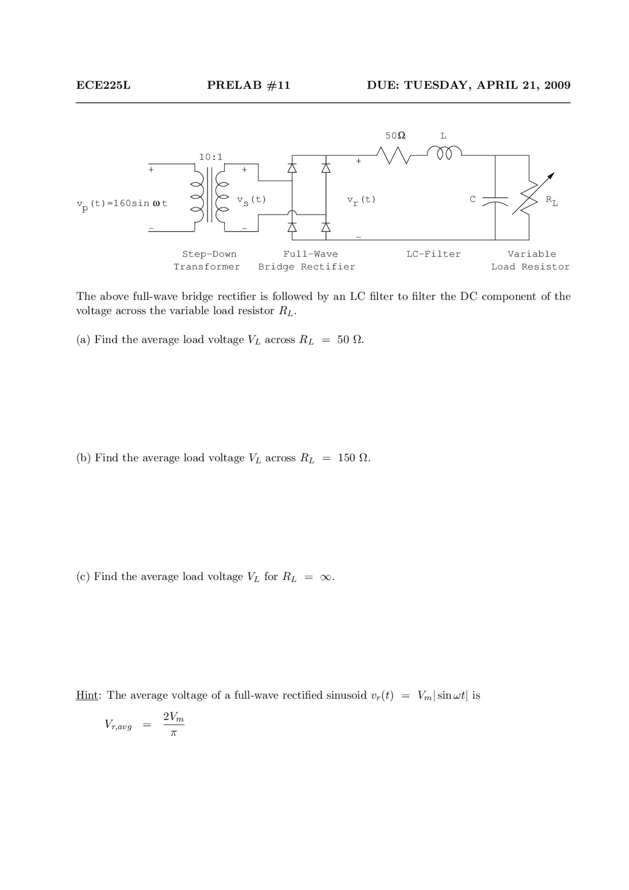 Laboratory 11 Full Wave Bridge Rectifier Fall 2009 Ece 225 Docsity