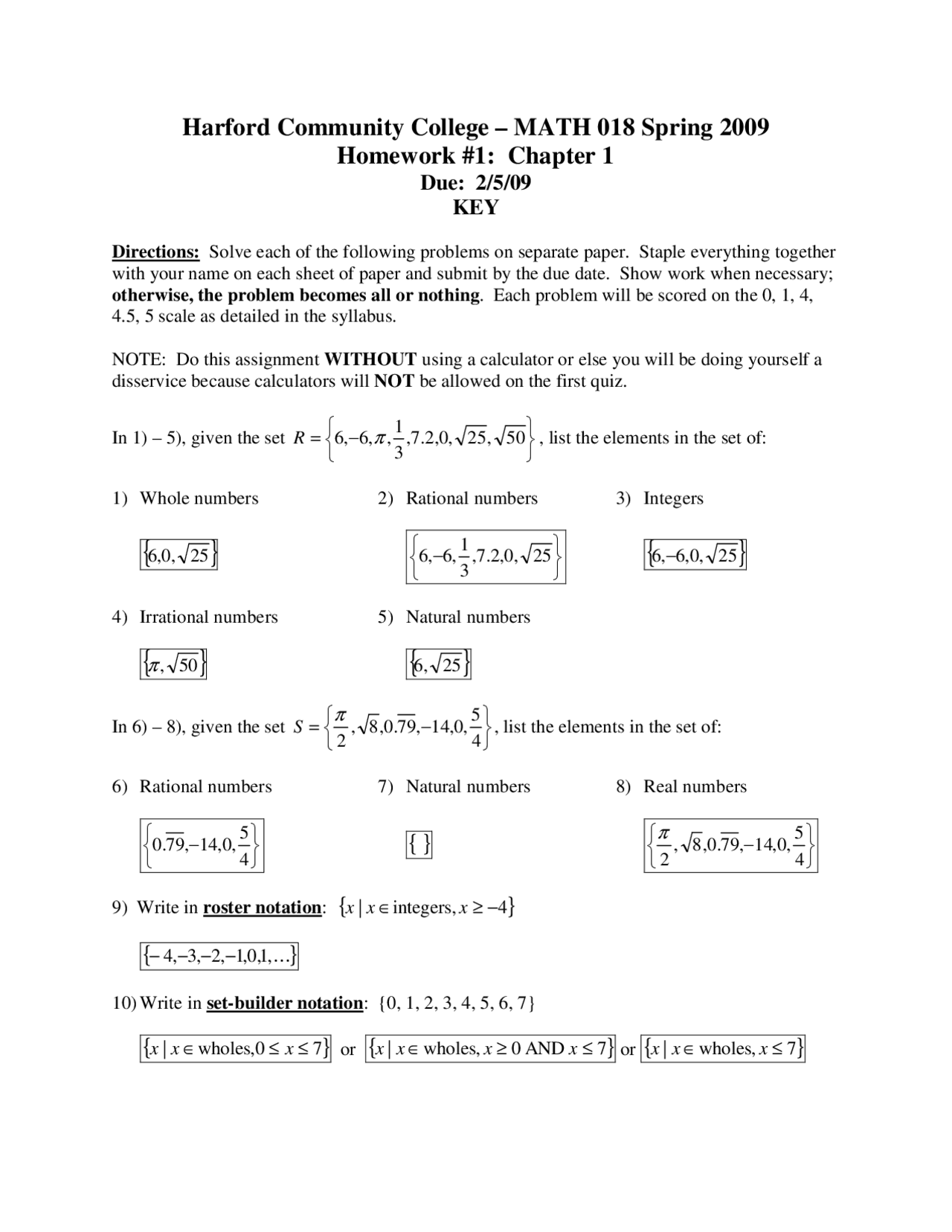 MATH 018 Spring 2009 Homework 1: Set Operations and Arithmetic ...