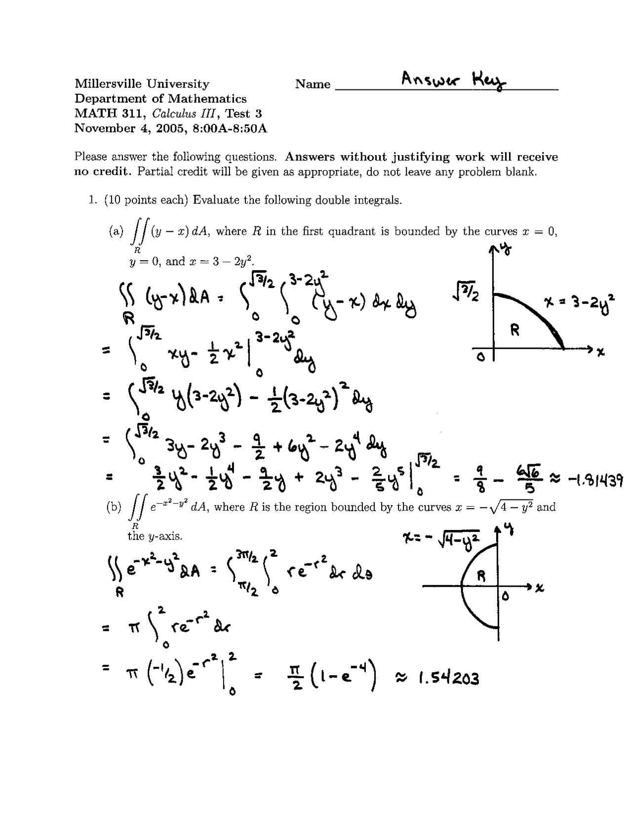 Practice Test 3 With Resolution Calculus Iii Math 311 Docsity