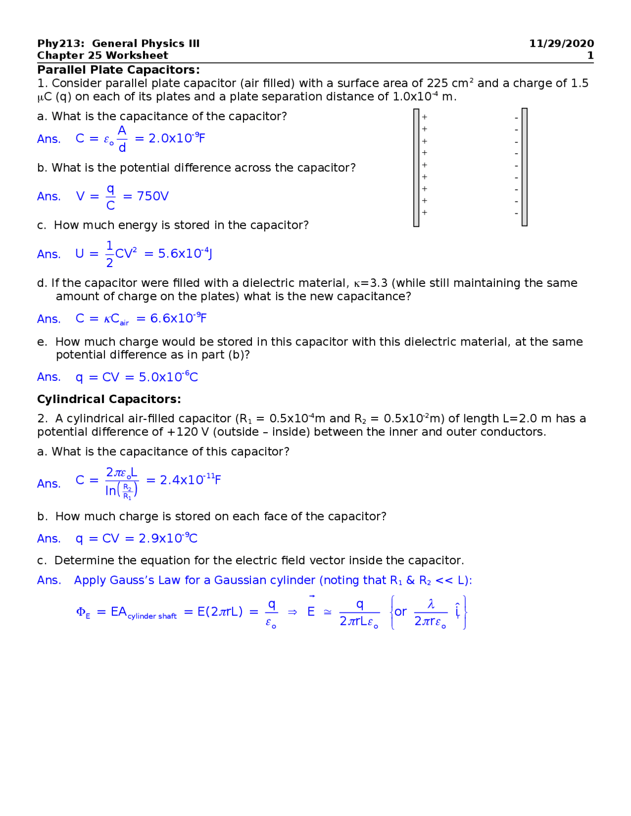 Parallel Plate And Cylindrical Capacitors Homework Phy 213