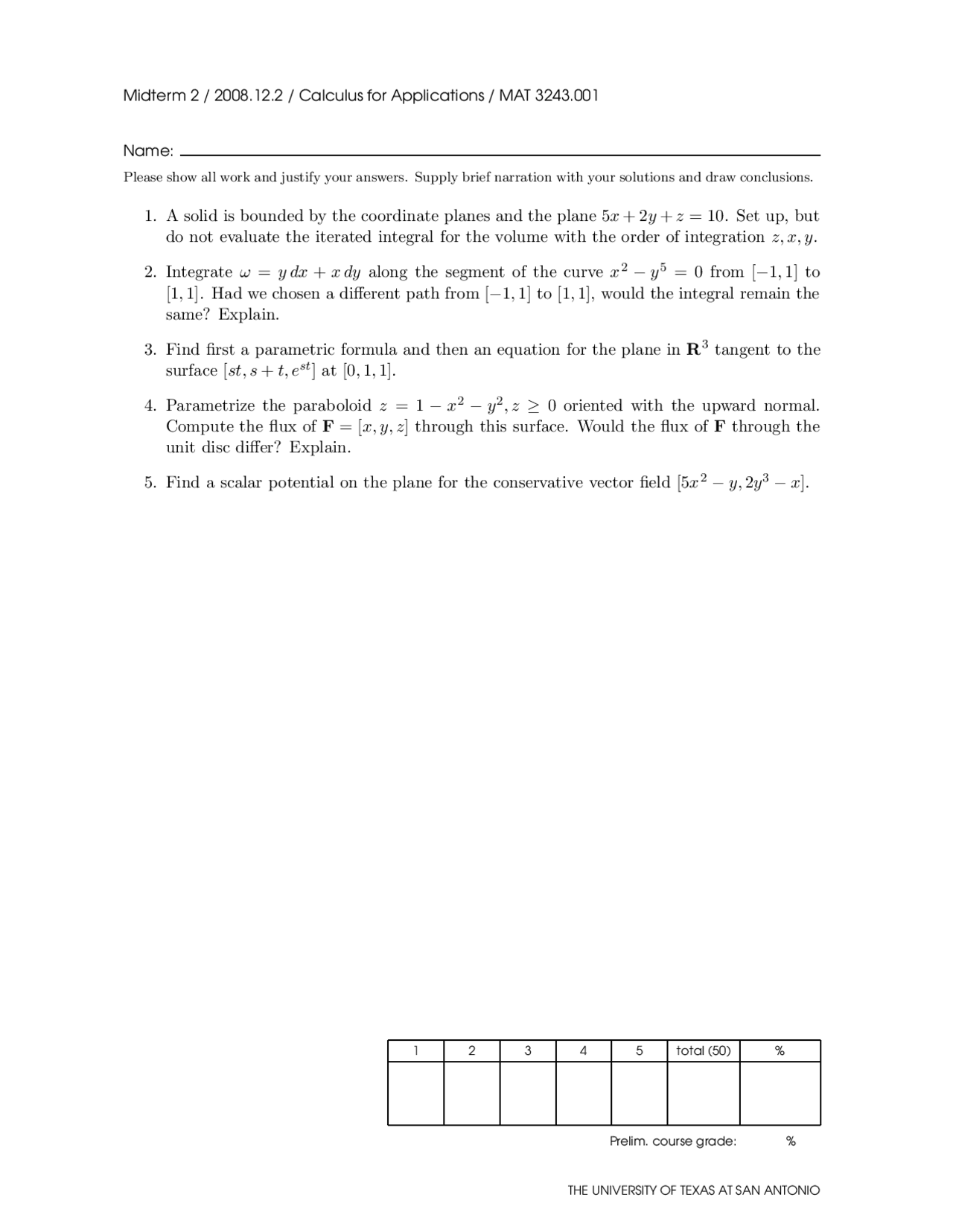 Questions for Midterm Exam 2 - Calculus for Applications | MAT 3243 | Exams Advanced Calculus ...