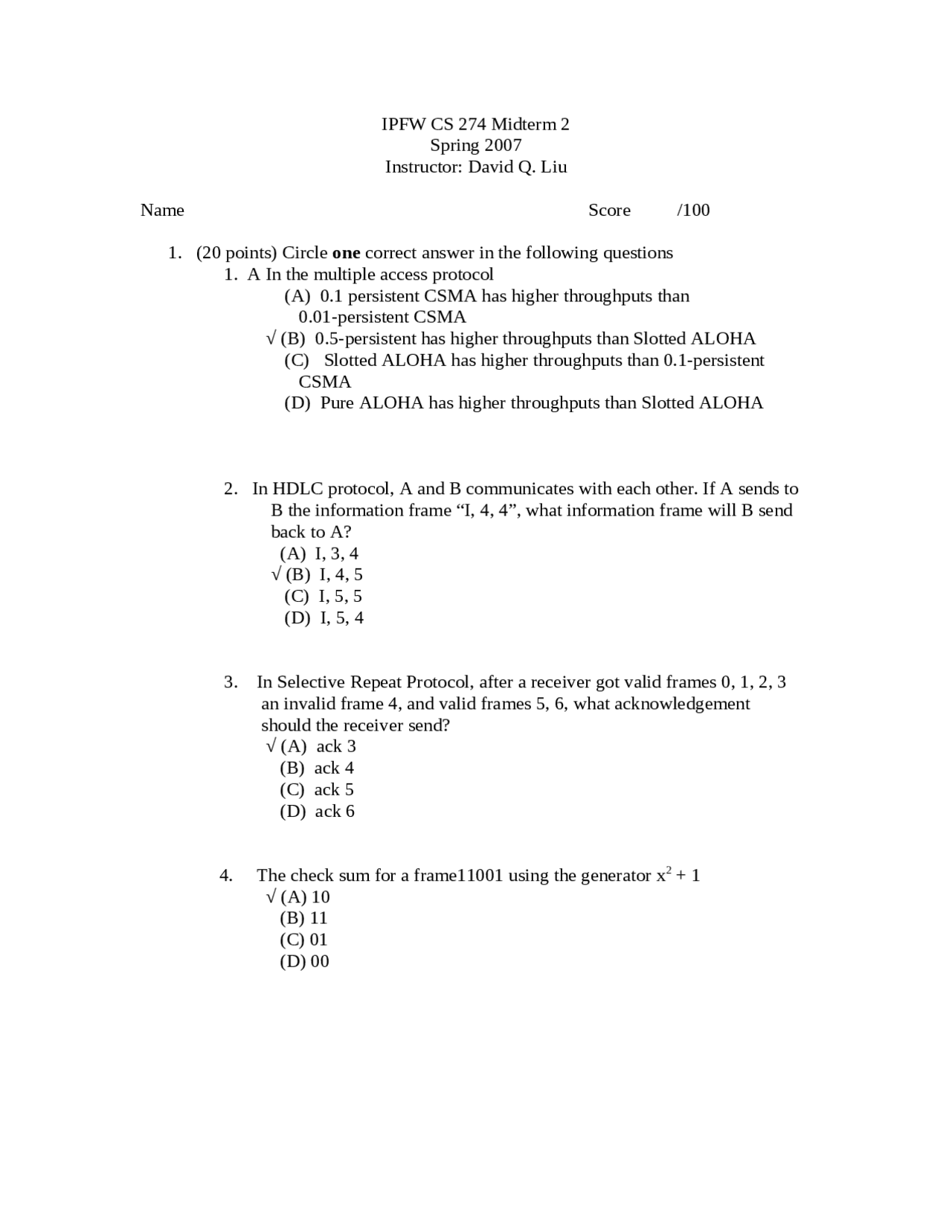 7 Questions On Multiple Access Protocol Midterm Exam Cs 274 Exams