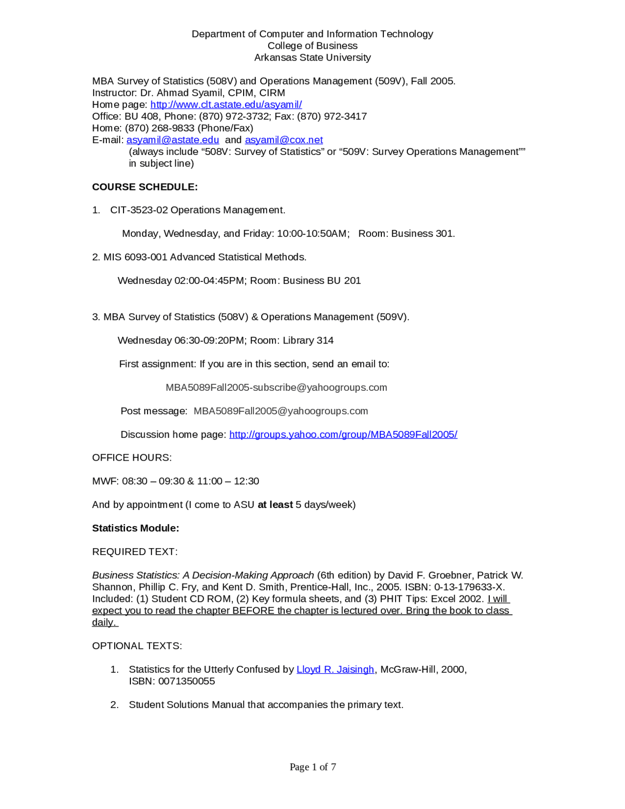Syllabus Schedule For Operations Management Cit 3523 Docsity