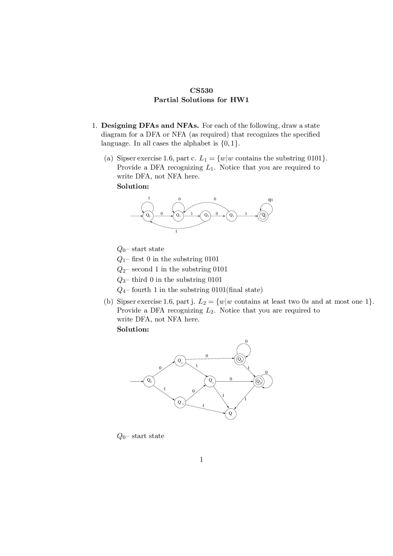 Partial Solutions For Homework 1 Theory Of Computation Cs 530 Docsity