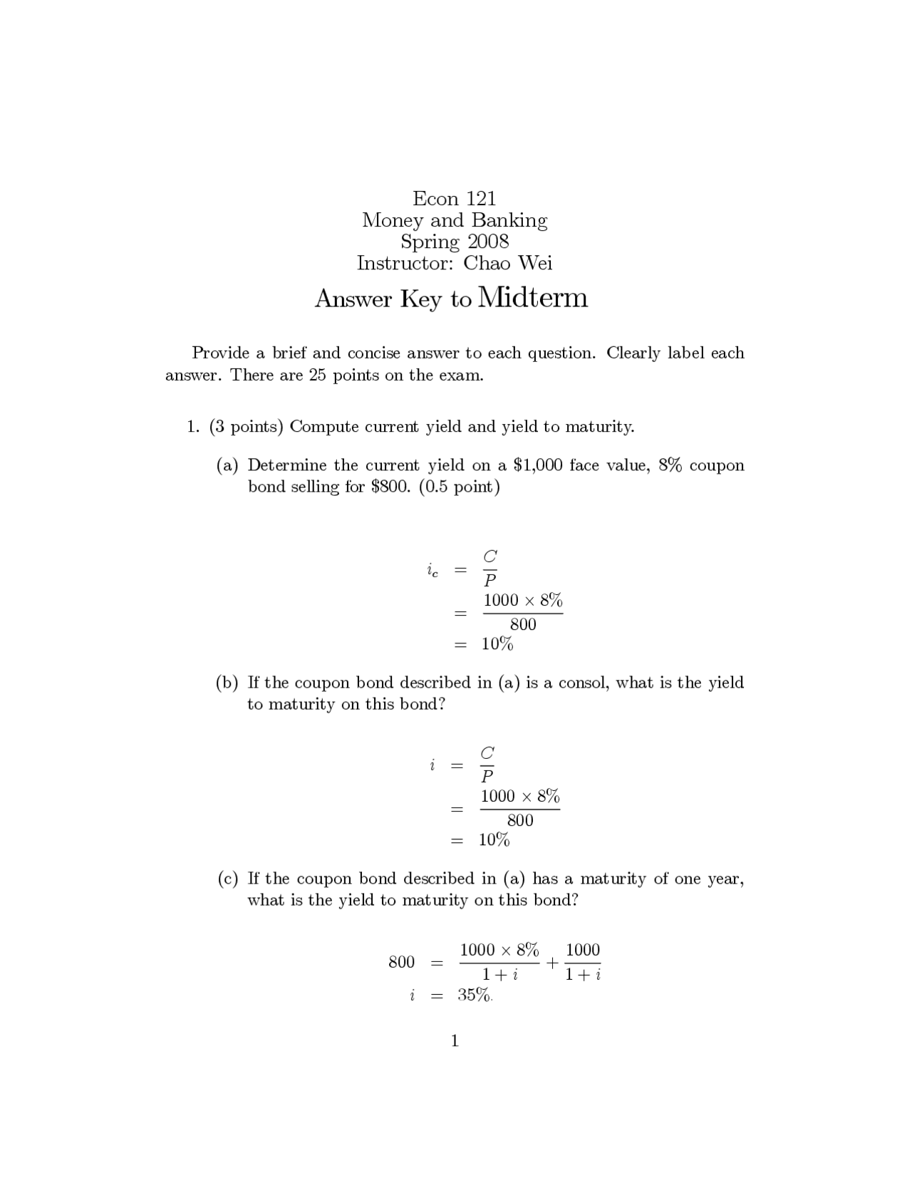 7 Solved Questions In Money And Banking Midterm Exam Econ 121 Docsity