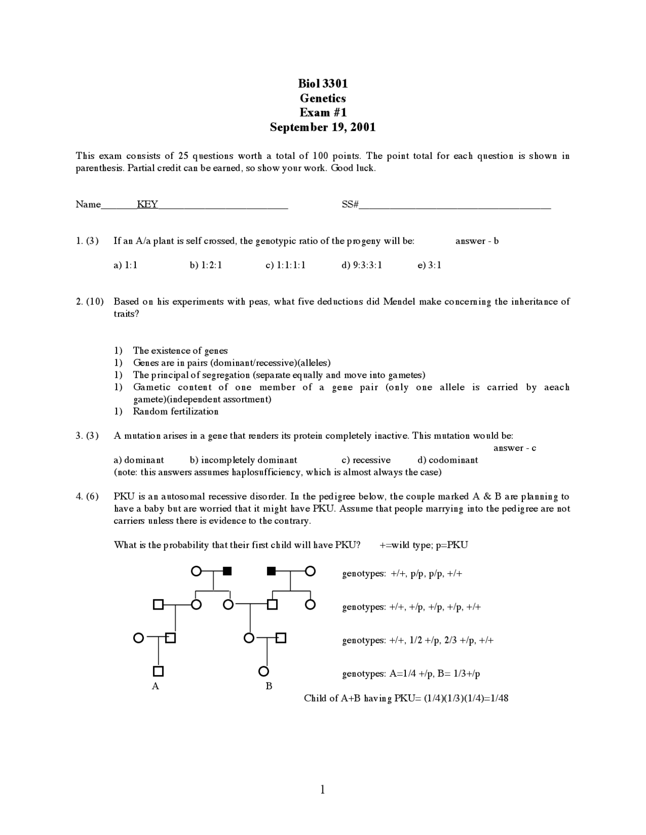 Midterm Exam 1 With Answers Genetics Biol 3301 Exams Human