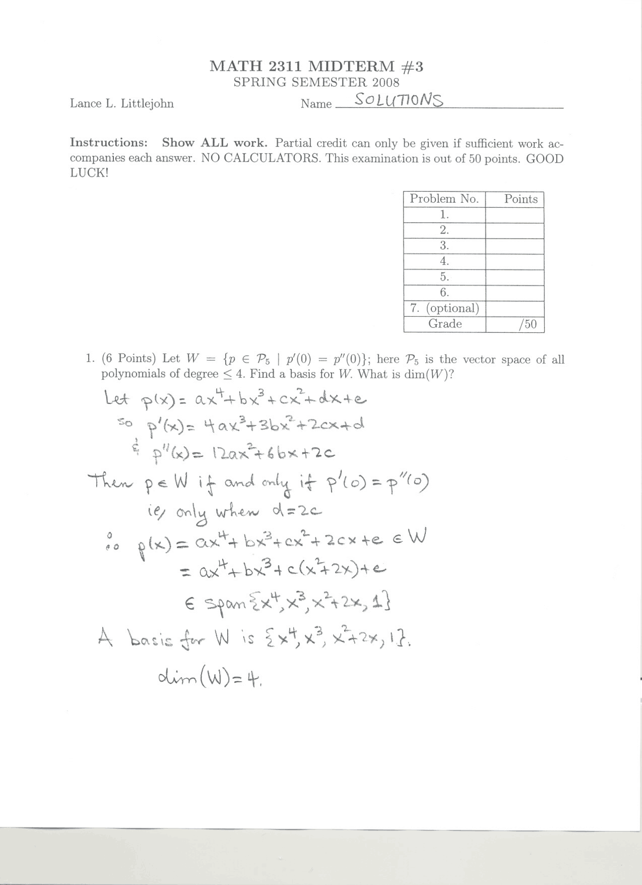 Midterm Exam 3 With Solved Questions Linear Algebra Mth 2311 Docsity