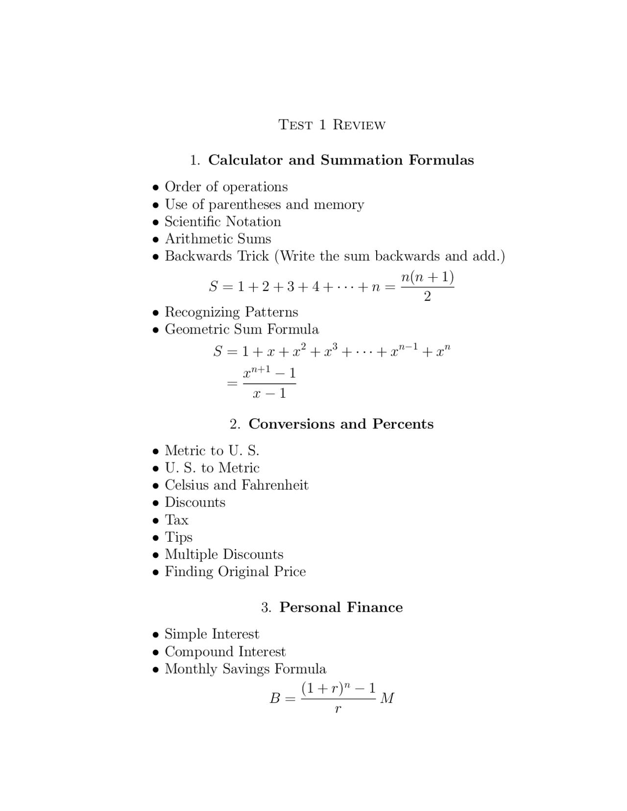 Lecture Notes on Calculator and Summation Formulas - Examination 1 ...