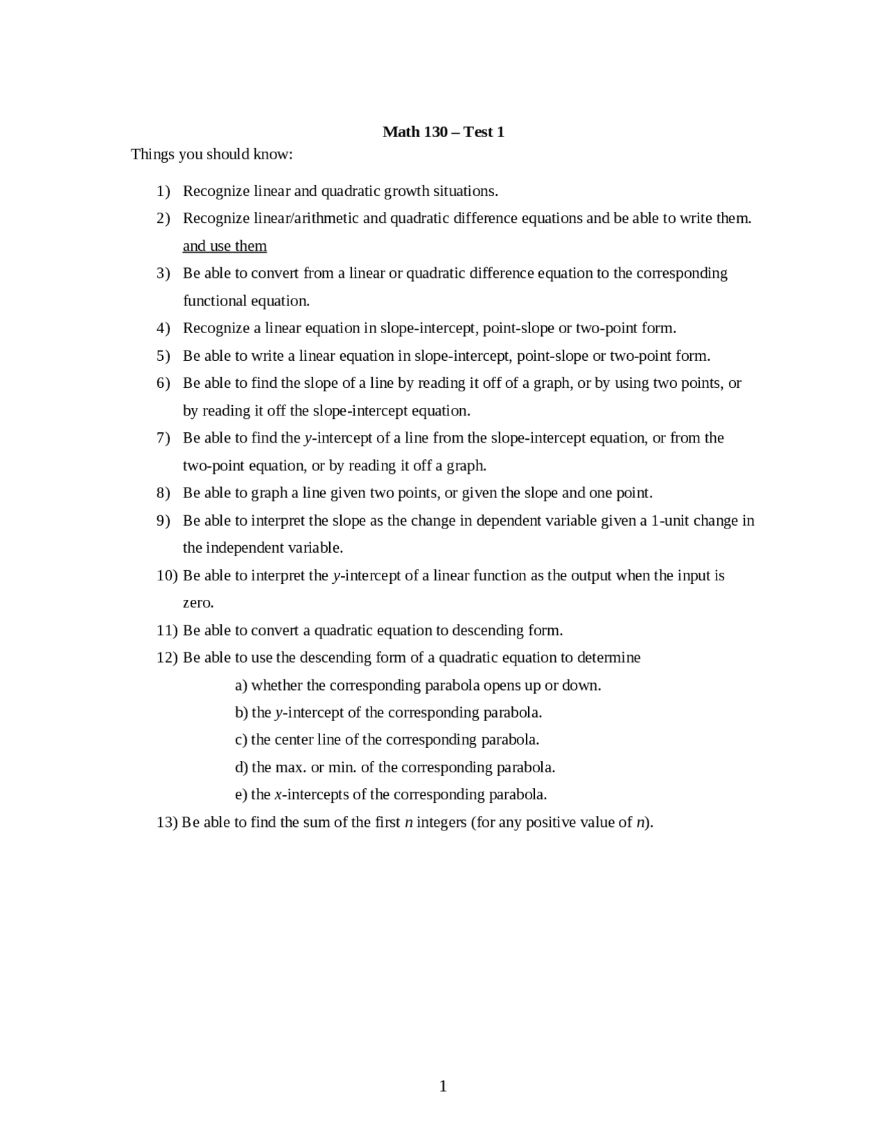 Review Exercise For Test 1 Mathematical Modeling Precalculus I Math