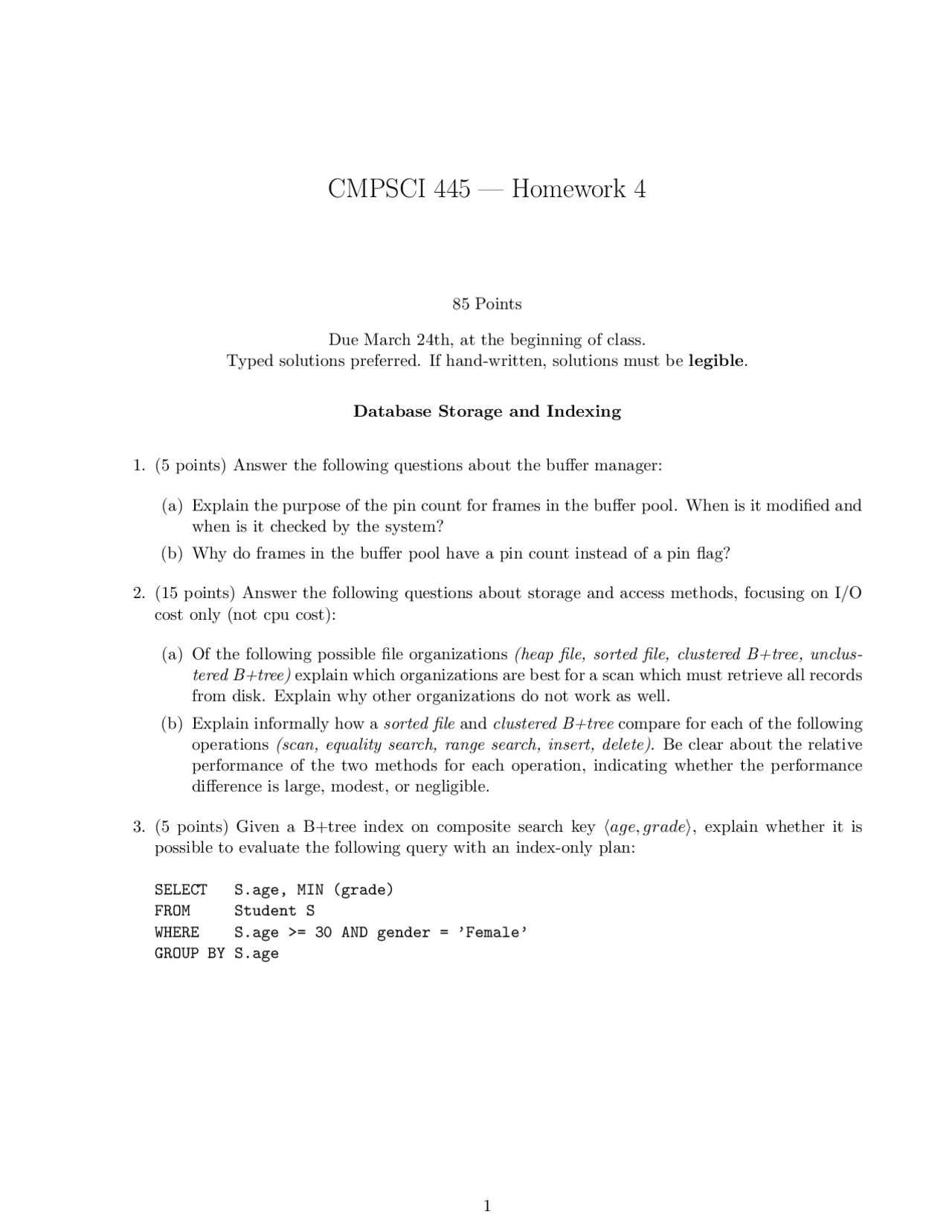 Database Storage And Indexing Homework Iv Cmpsci 445 Docsity