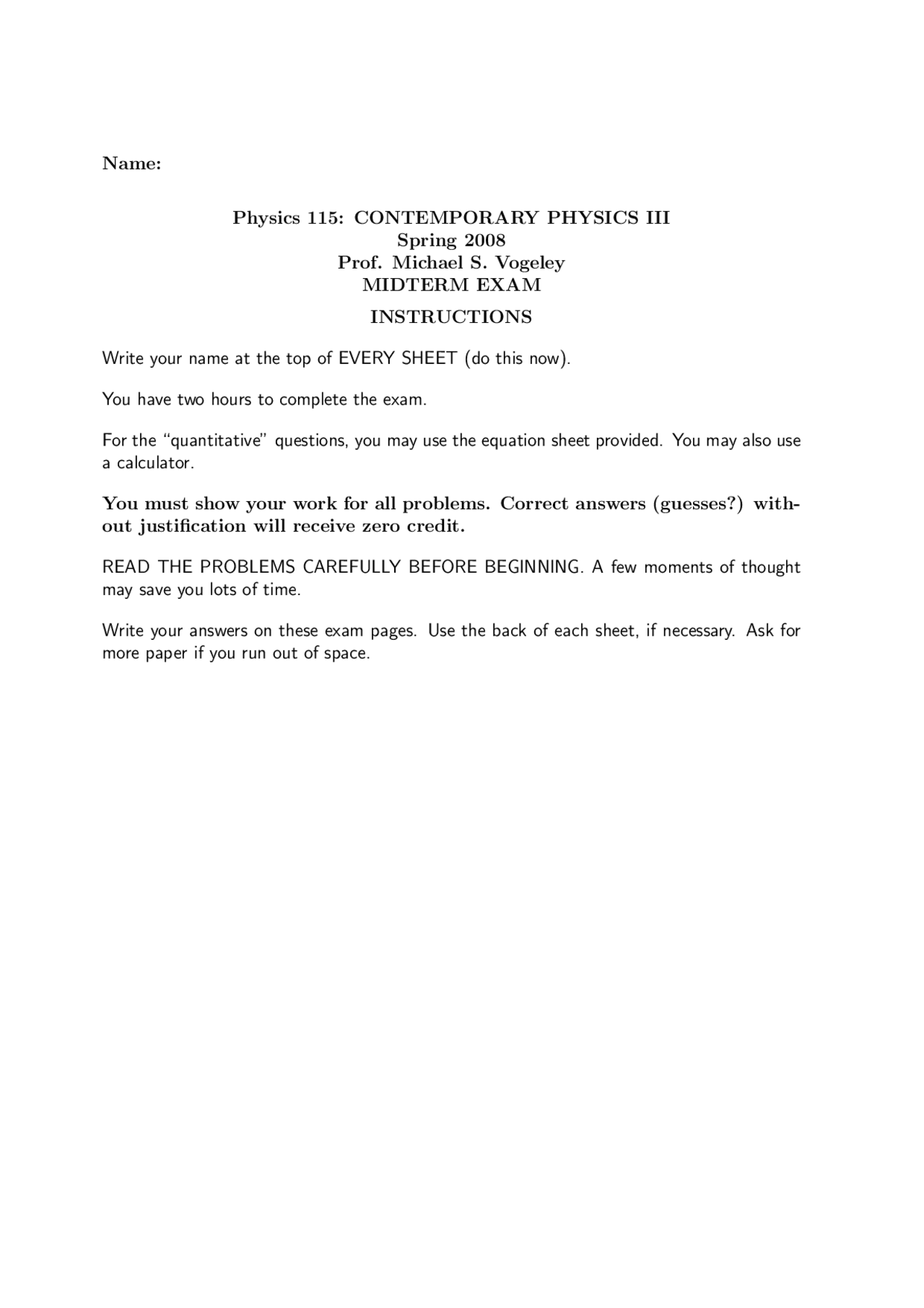 Contemporary Physics Iii Midterm Exam Phys 115 Docsity