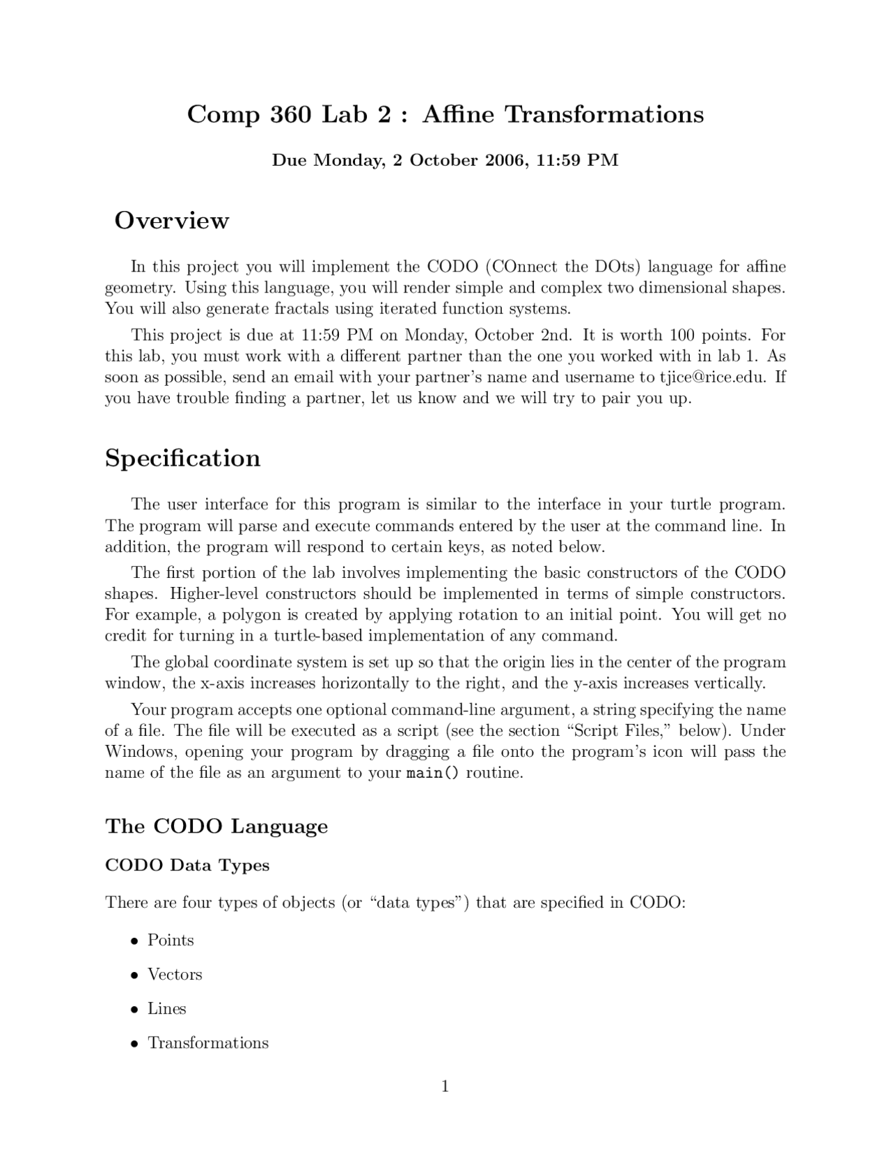 Lab 2 for Affine Transformations - Computer Graphics | COMP 360 - Docsity