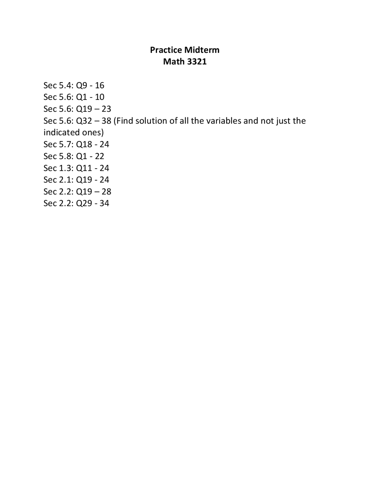 Midterm Exam Practice Problems - Engineering Mathematics | MATH 3321 - Docsity