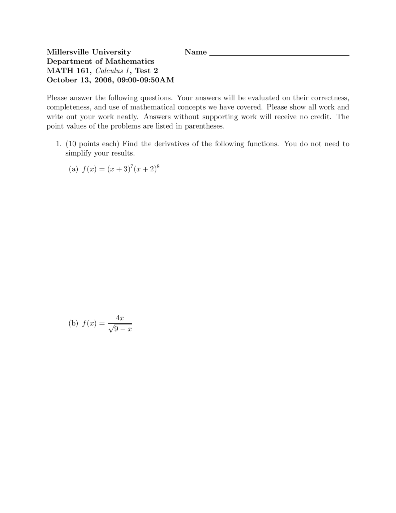 Questions for Old Test II - Calculus I | MATH 161 - Docsity