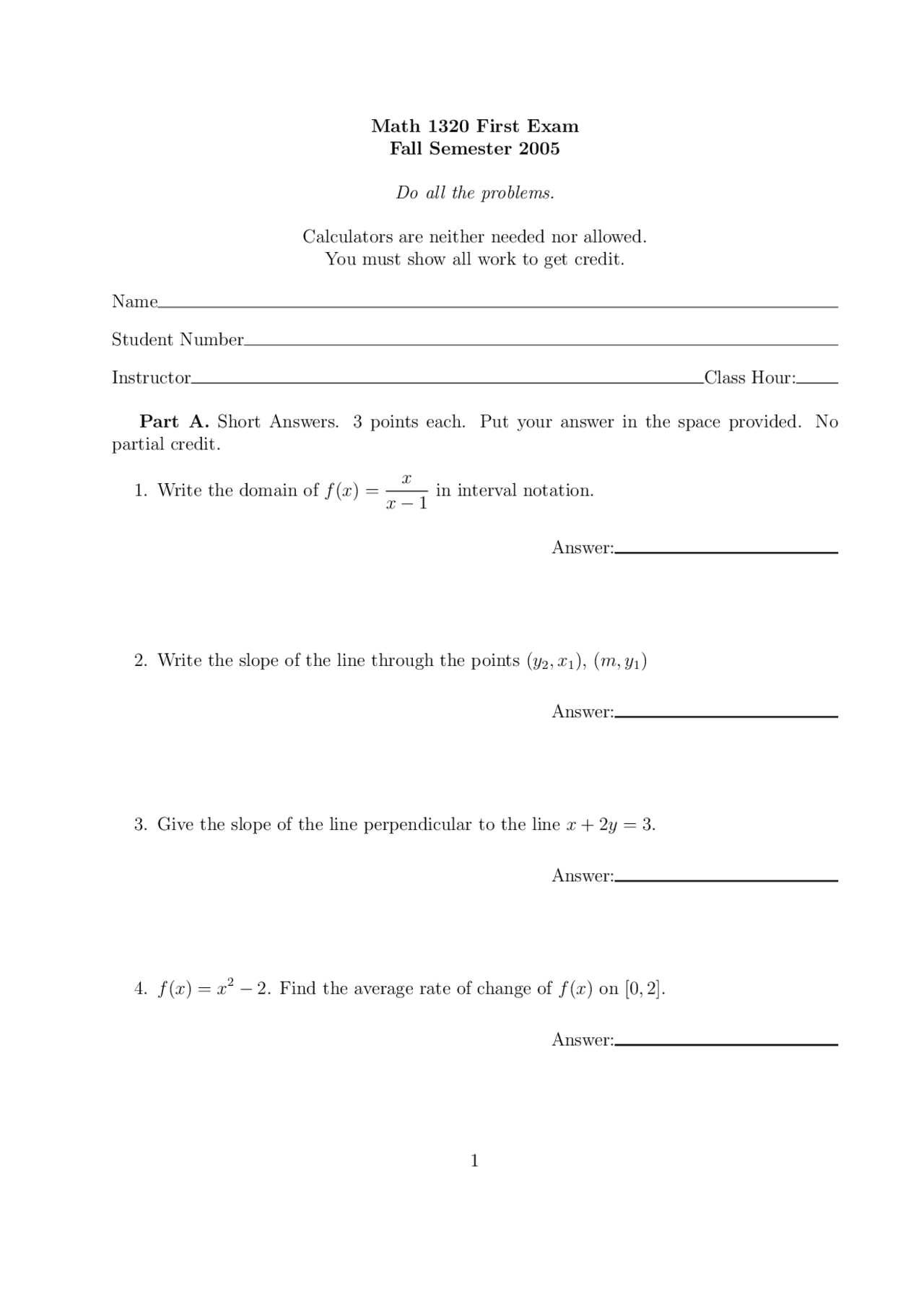 17 Problems Exam Elements Of Calculus Math 1320 Docsity