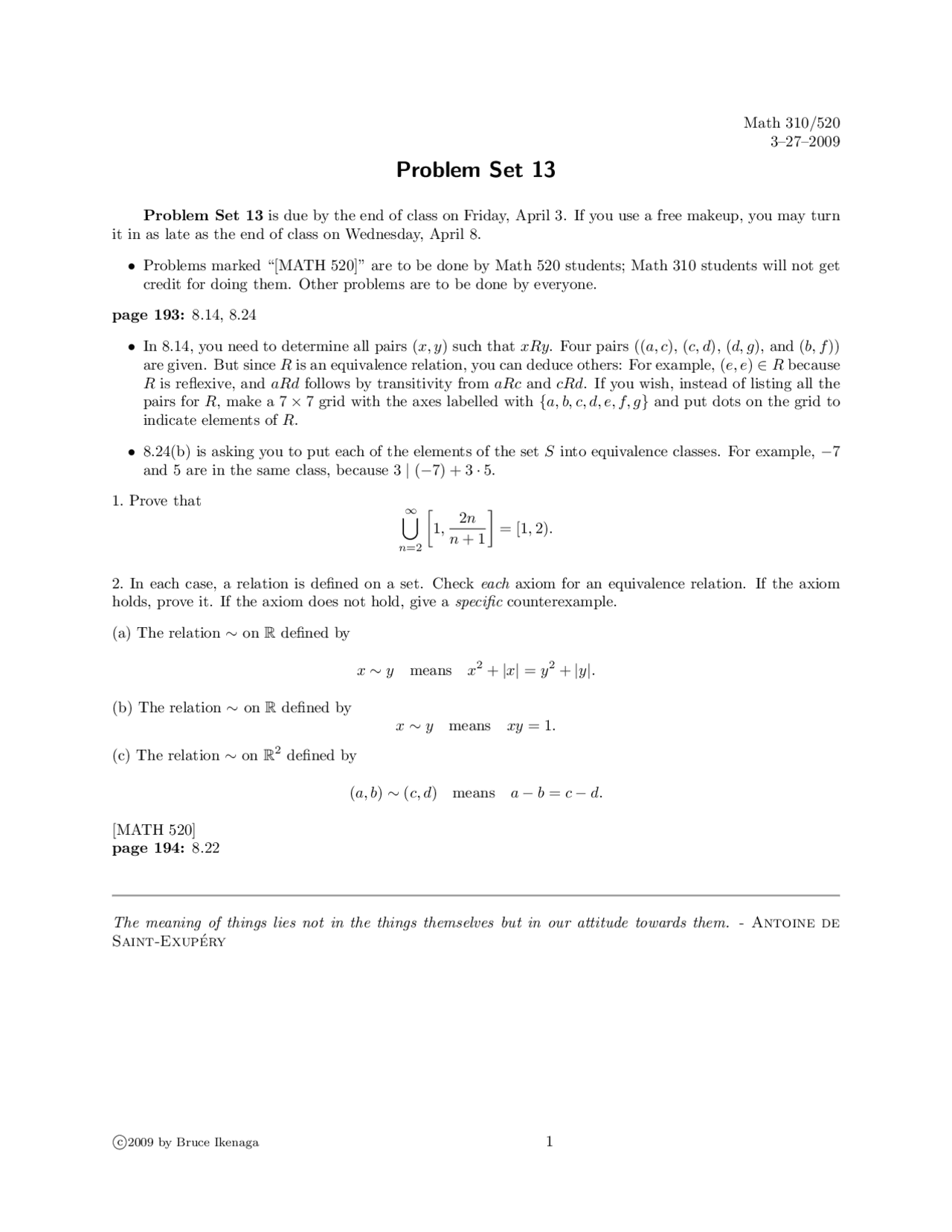 Introduction To Mathematical Proof Problem Set 13 Math 310 Docsity