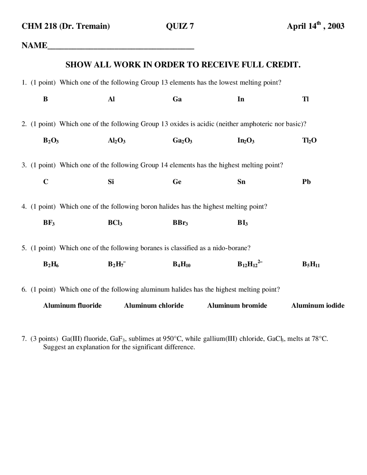Introduction To Inorganic Chemistry Practice Quiz 7 Chm 218 Docsity