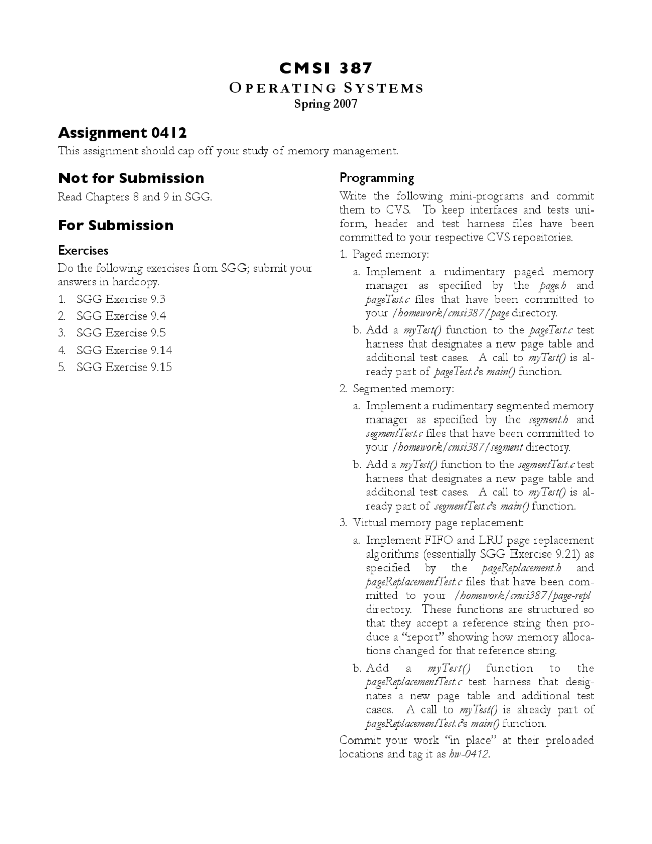 Operating Systems Course Description Cmsi 387 Assignments